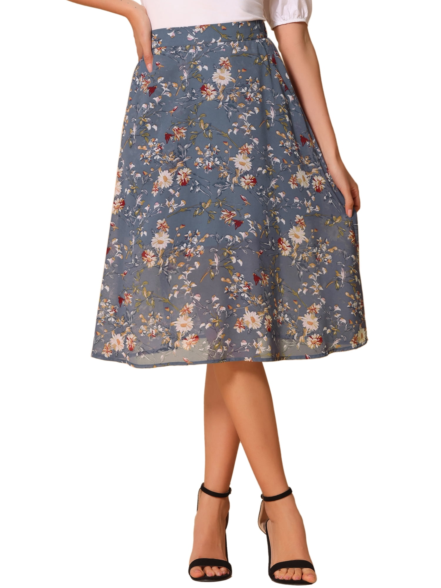 Allegra K Women's A-Line Midi Skirt Floral Print Chiffon Vintage 2024 ...