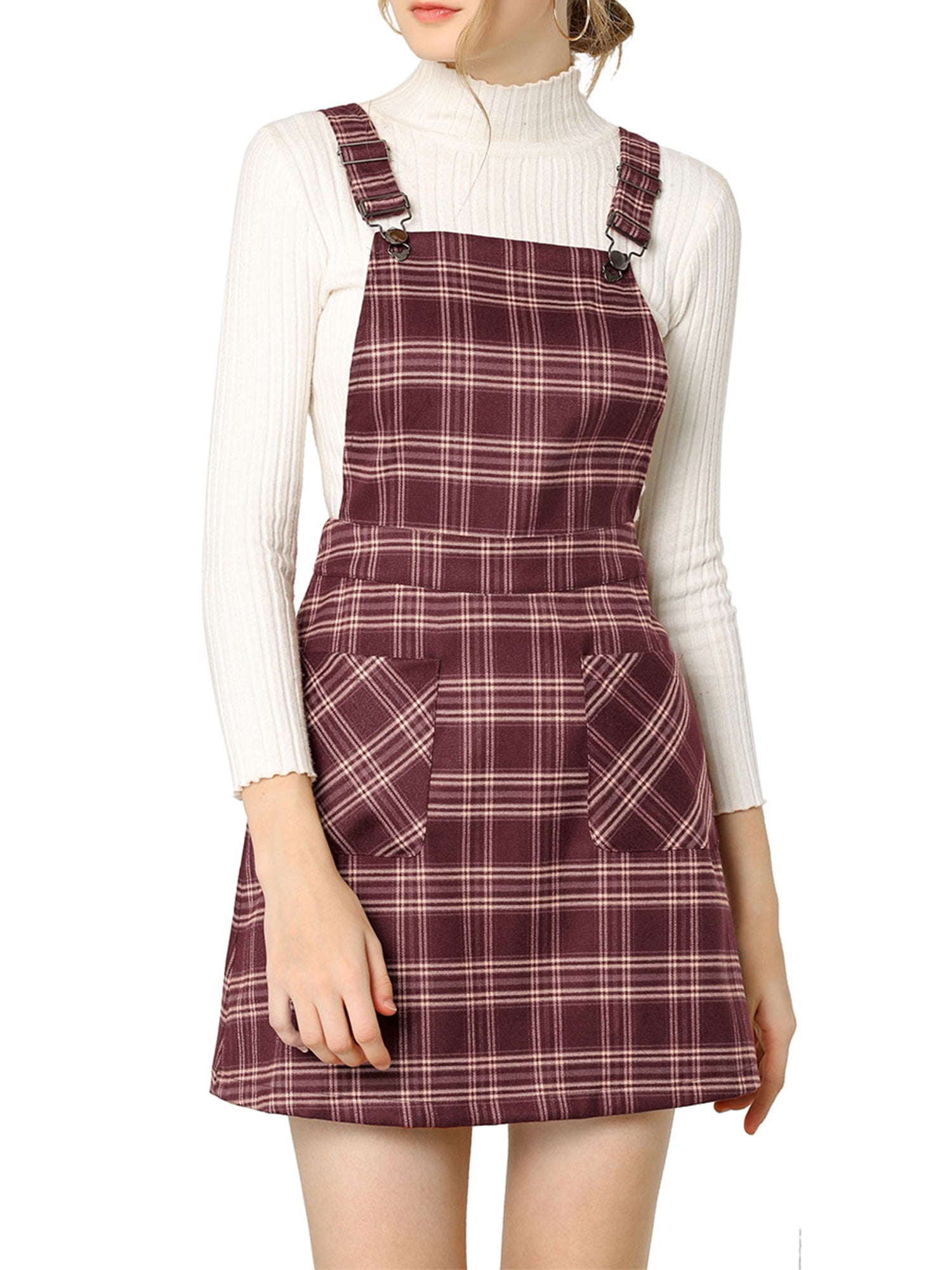 INSPIRE CHIC Women's Adjustable Strap Plaid Suspender Overall Dress M ...