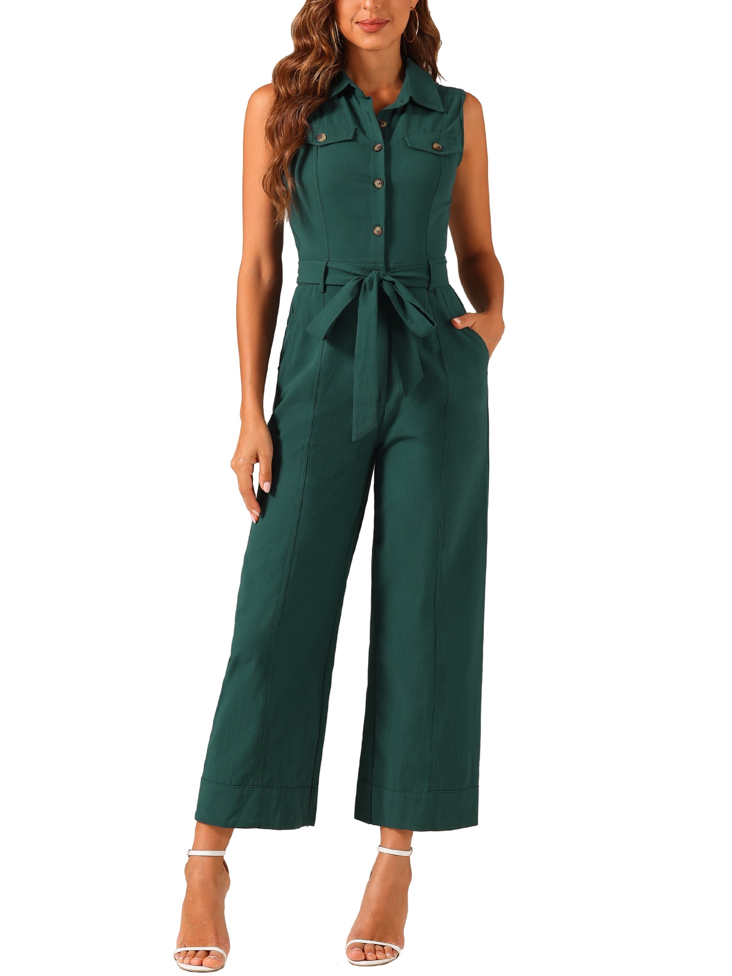 INSPIRE CHIC Women's Ankle Tie Waist Workwear Button Front Sleeveless ...