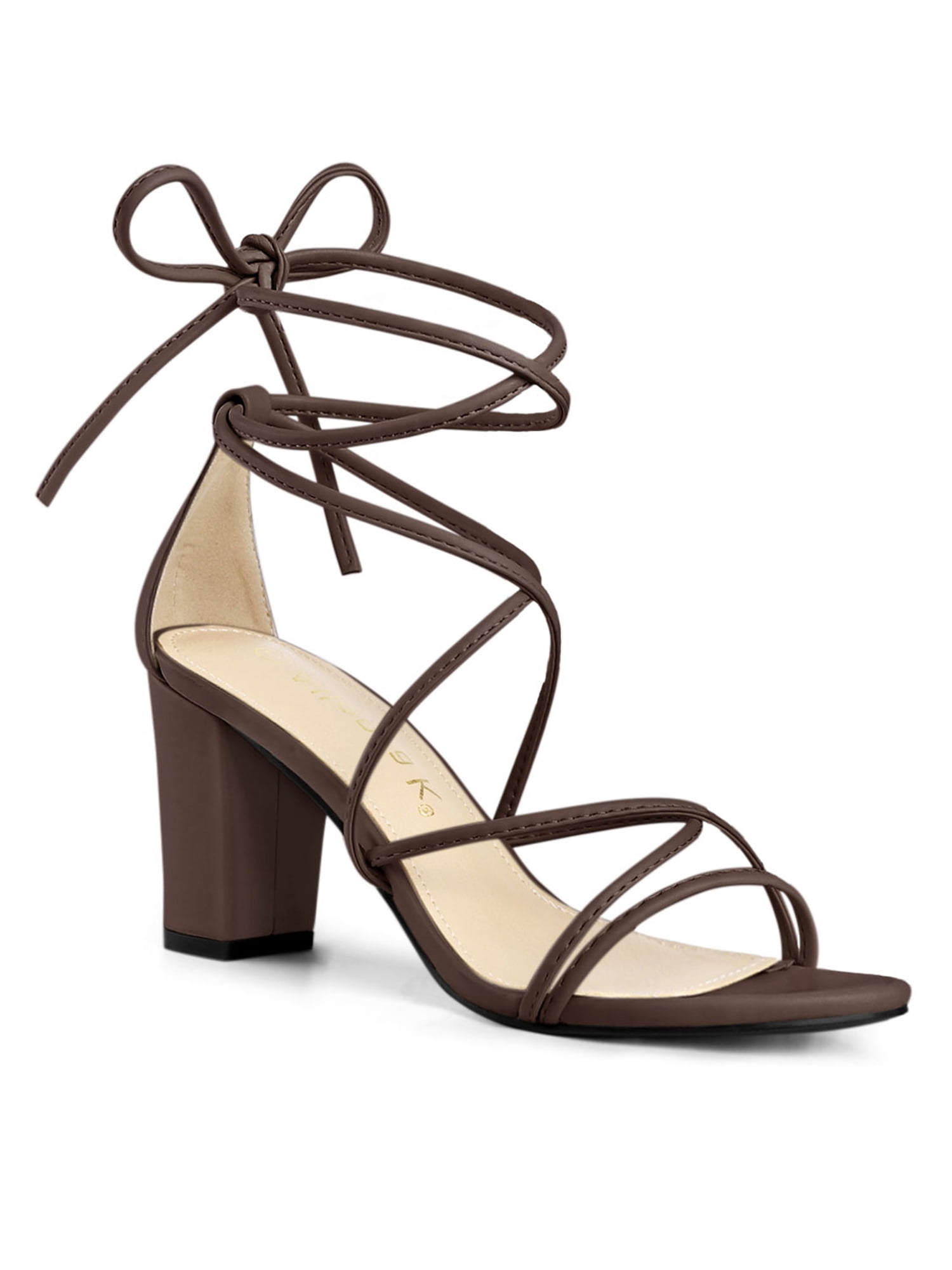 BLISSFUL STEP Women's Shoes Open Toe Lace Up Block Heel Strappy Heels ...