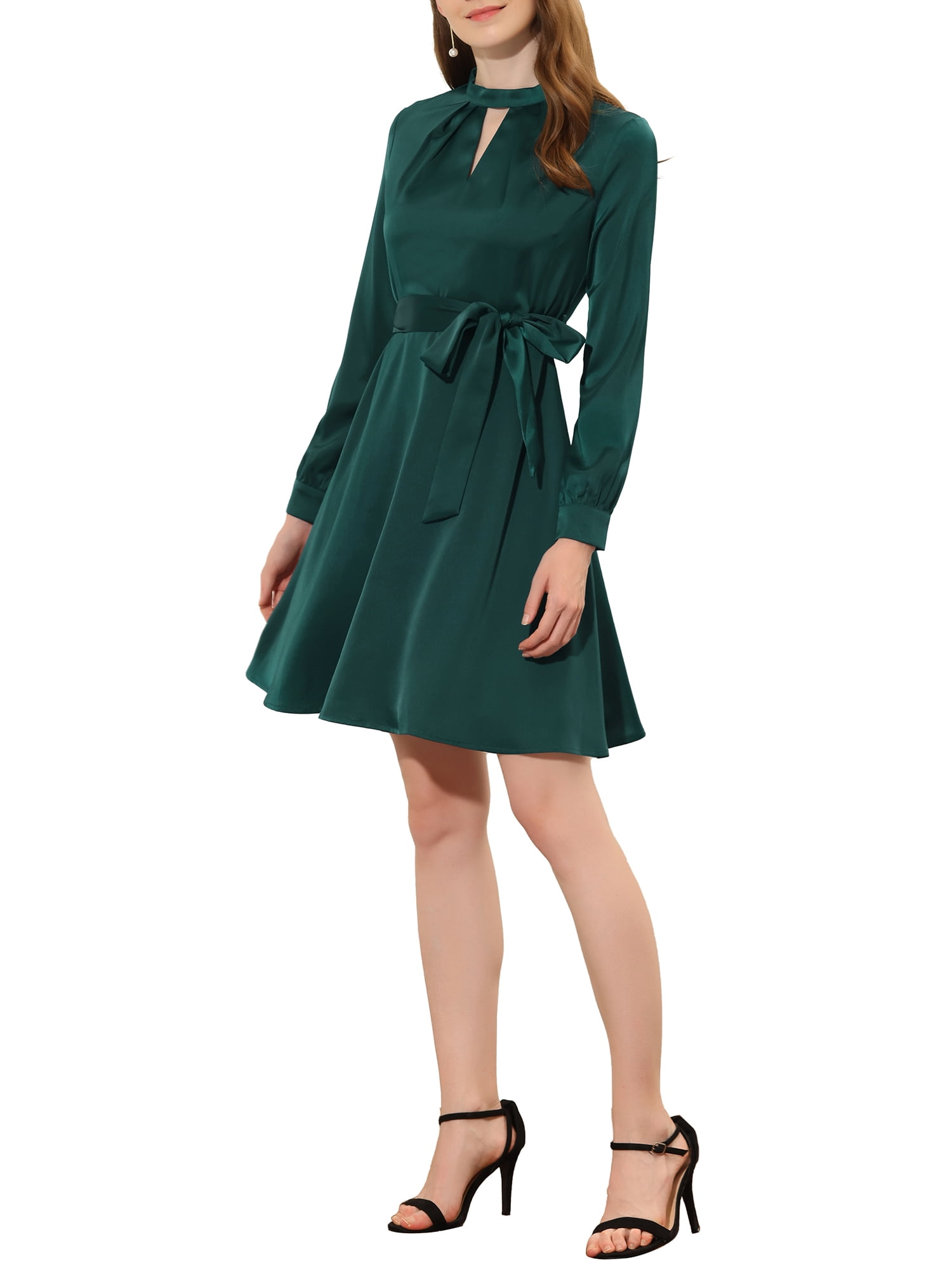 Allegra K Women's Belted Satin Keyhole Tie Waist A-Line Dress XL Dark ...