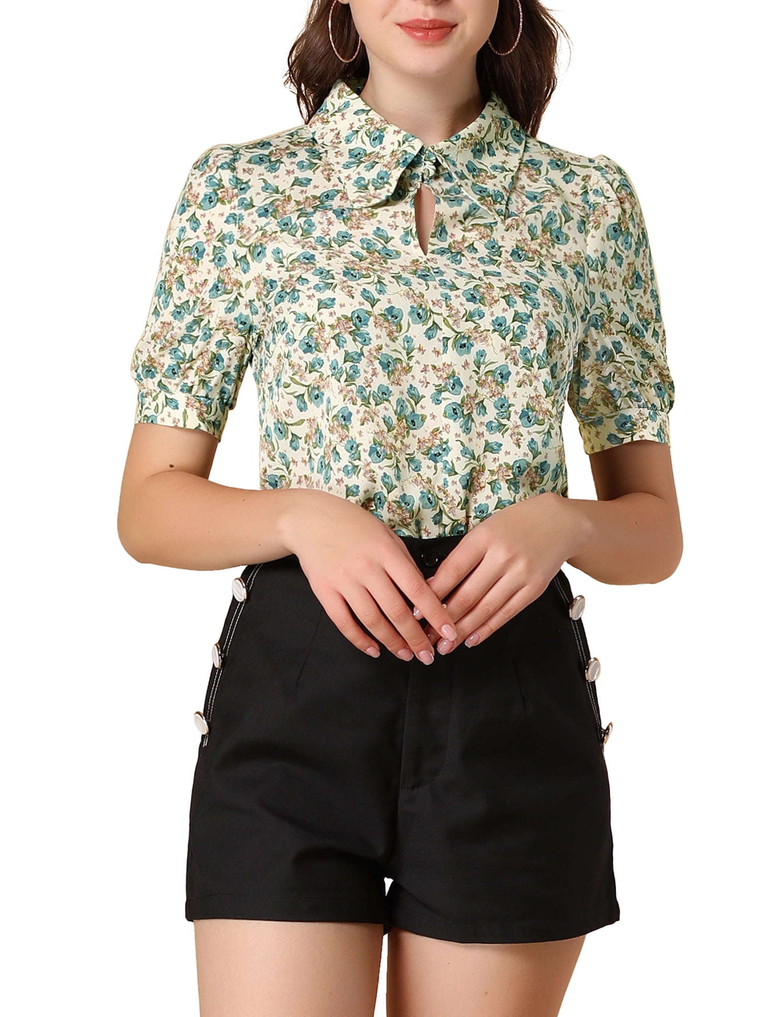 INSPIRE CHIC Women's Blouse Turndown Collar Split Neck Puff Sleeve ...