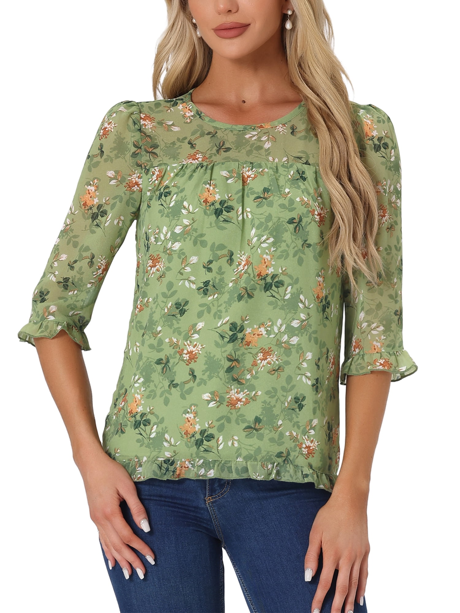 INSPIRE CHIC Women's Chiffon 3/4 Sleeve Blouses Floral Print Round Neck ...