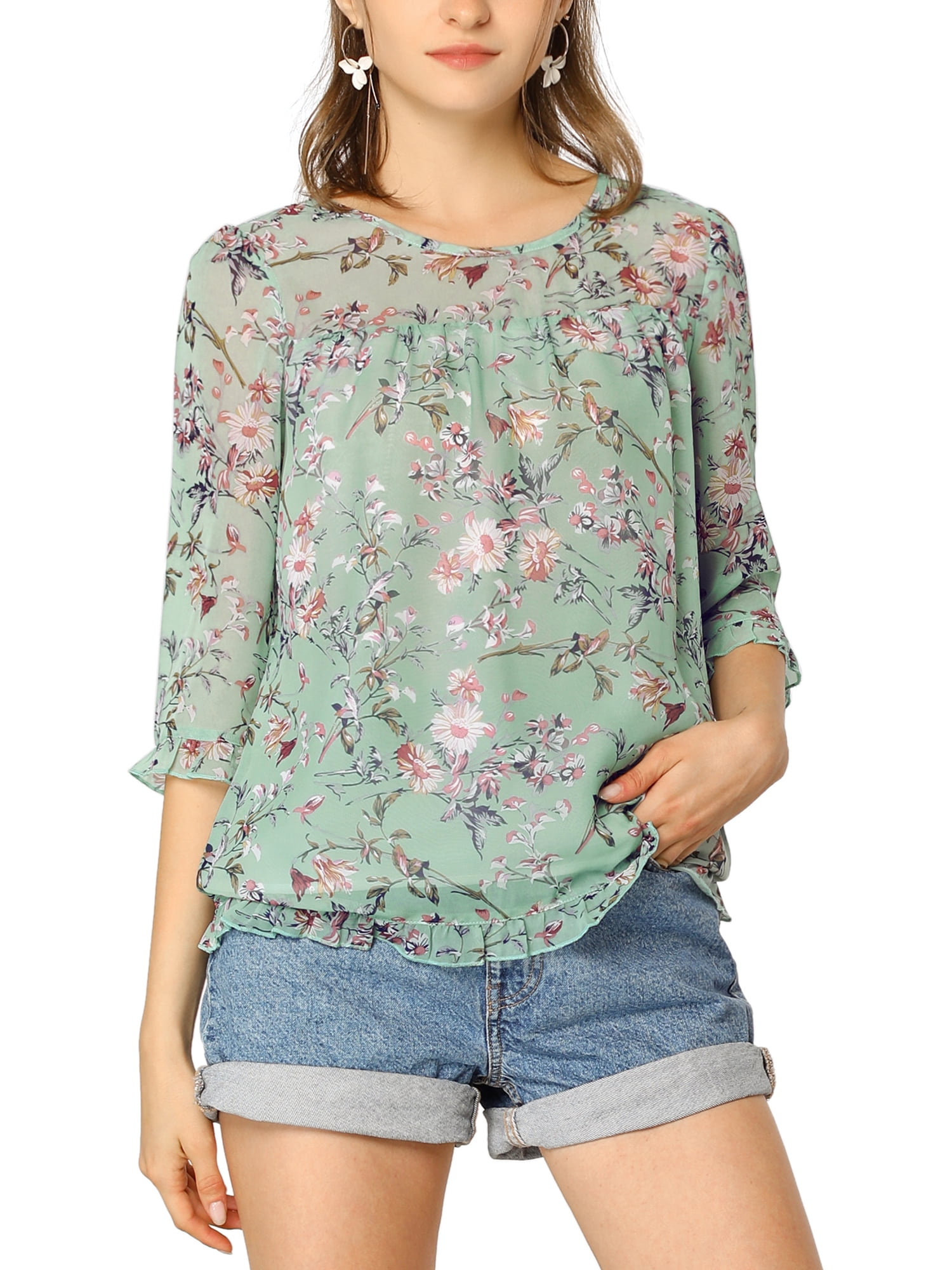 INSPIRE CHIC Women's Tops 3/4 Sleeves Ruffle Hem Floral Chiffon Shirt ...
