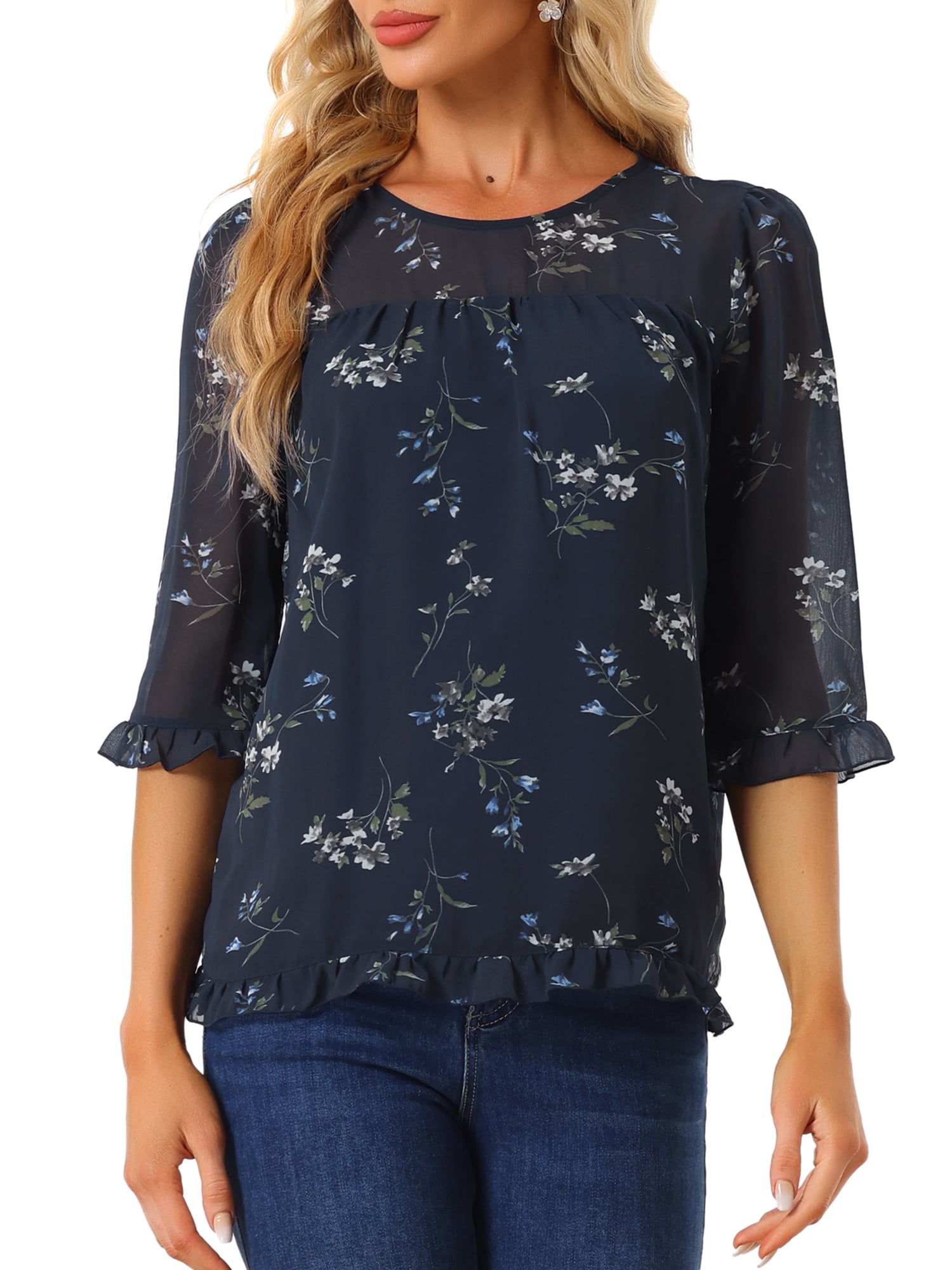 Allegra K Women's Floral Chiffon Blouse, Round Neck, Ruffled 3/4 ...