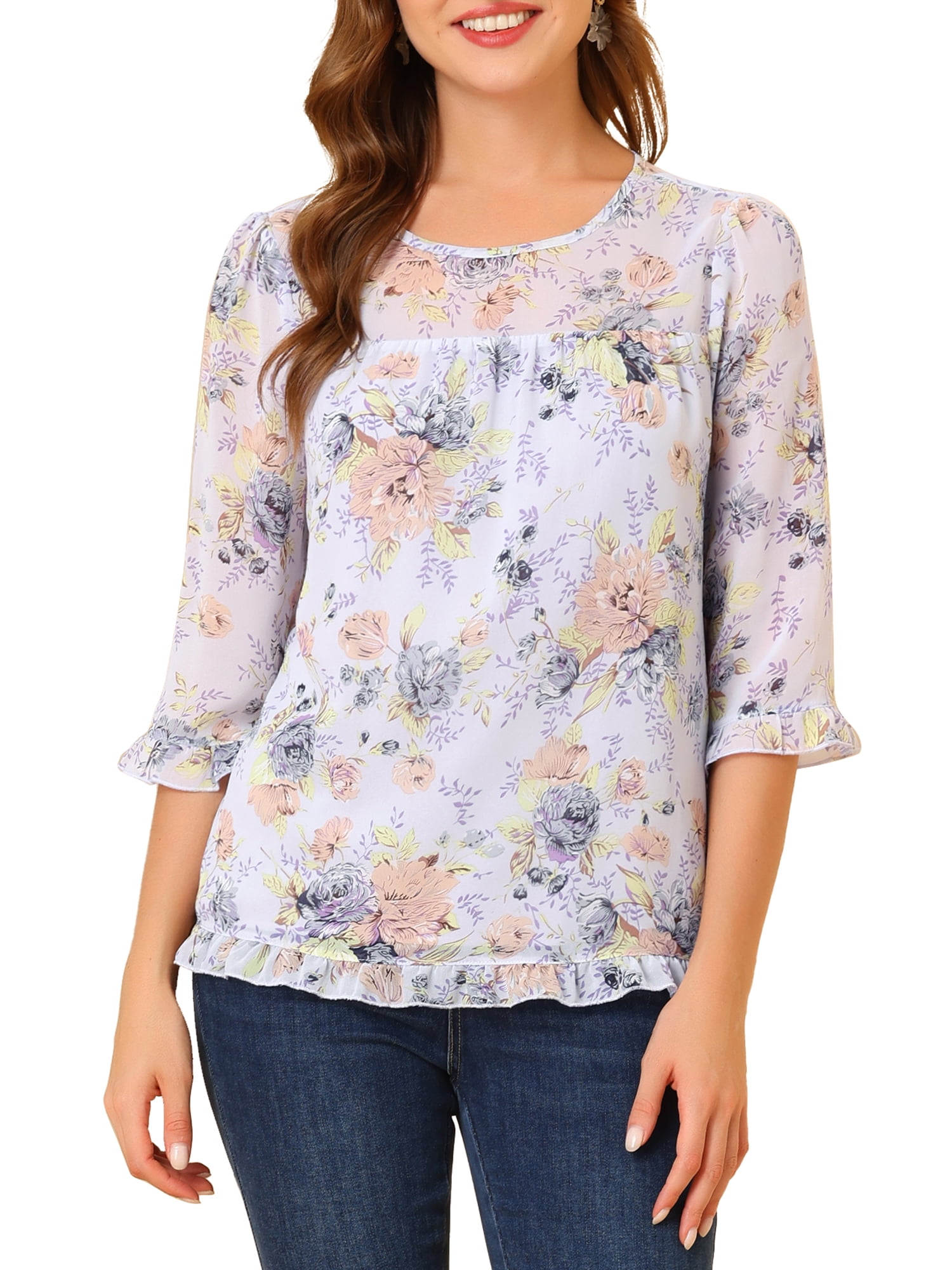 INSPIRE CHIC Women's 3/4 Sleeves Floral Chiffon Ruffle Hem Summer Shirt ...