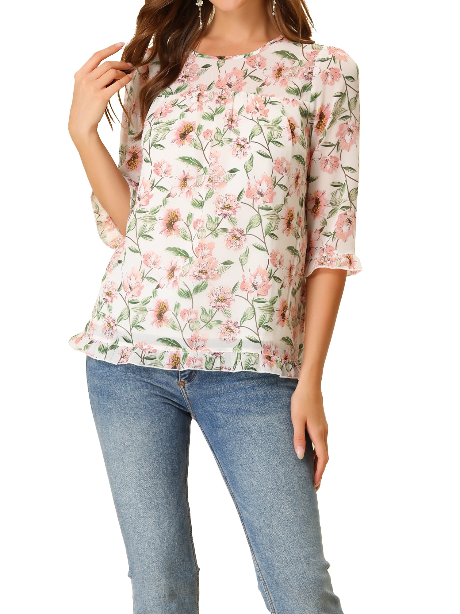 INSPIRE CHIC Women's Chiffon 3/4 Sleeve Blouses Floral Print Round Neck ...