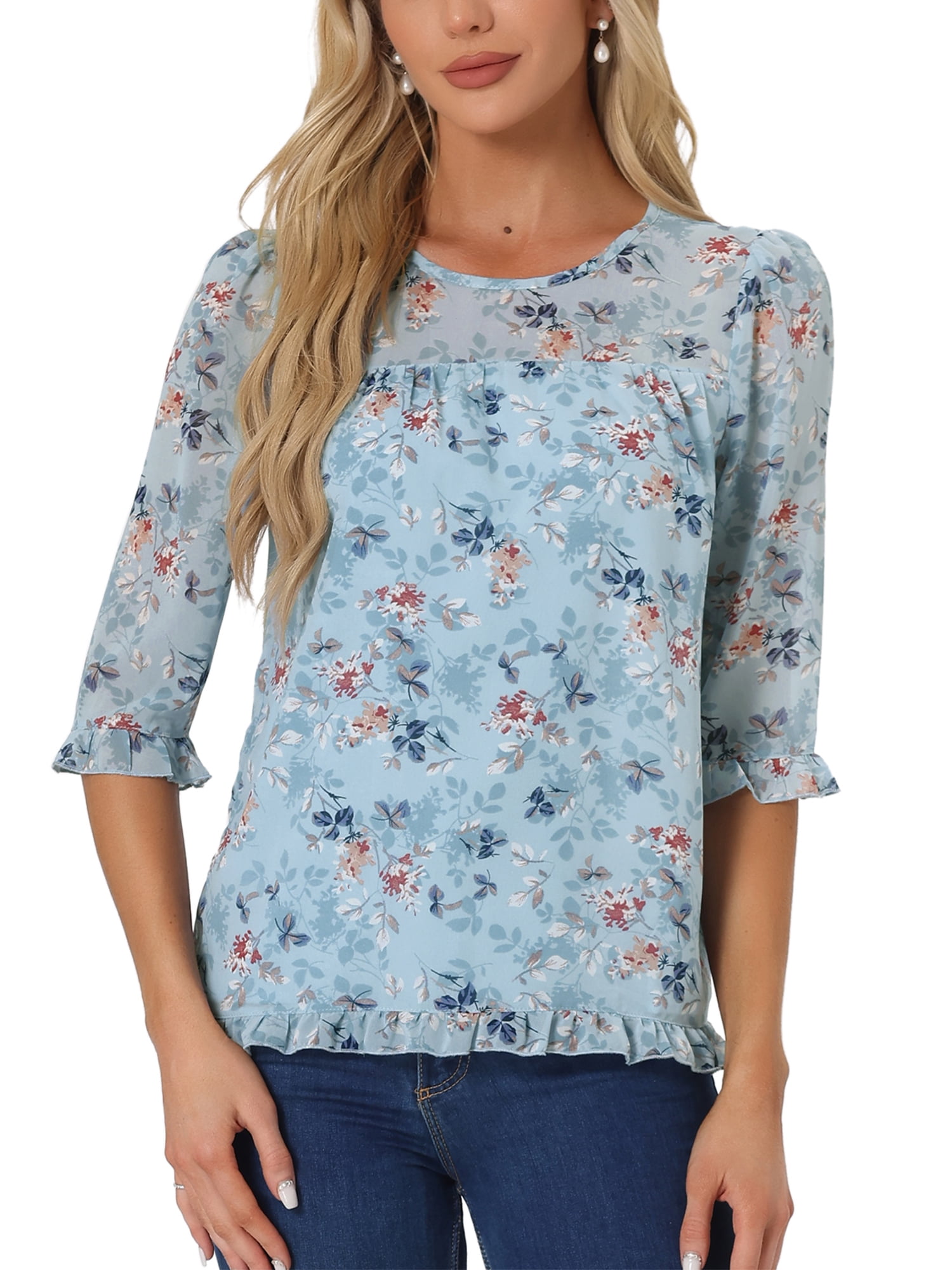 INSPIRE CHIC Women's 3/4 Sleeves Floral Chiffon Ruffle Hem Summer Shirt ...