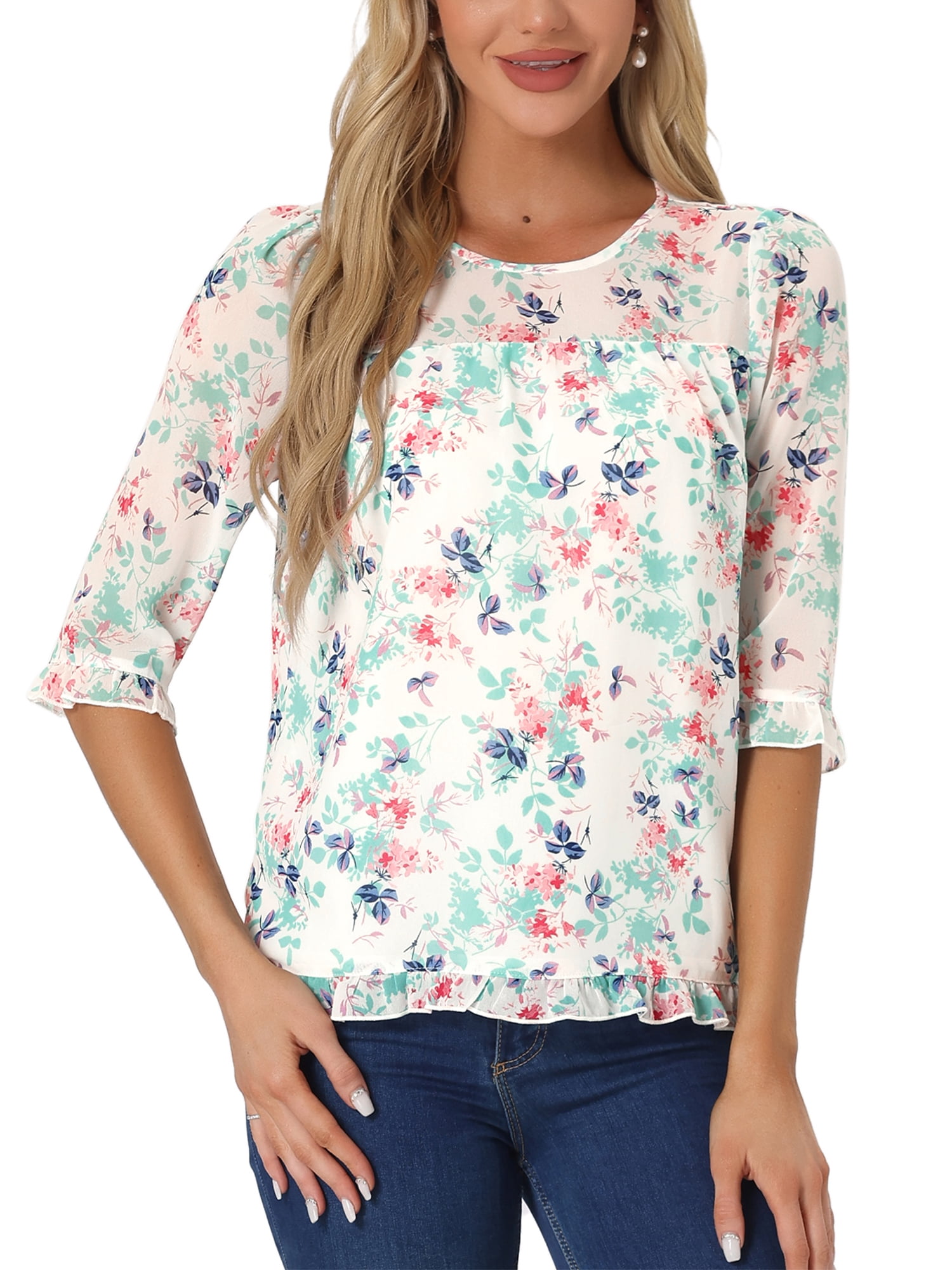 INSPIRE CHIC Women's Chiffon 3/4 Sleeve Blouses Floral Print Round Neck ...