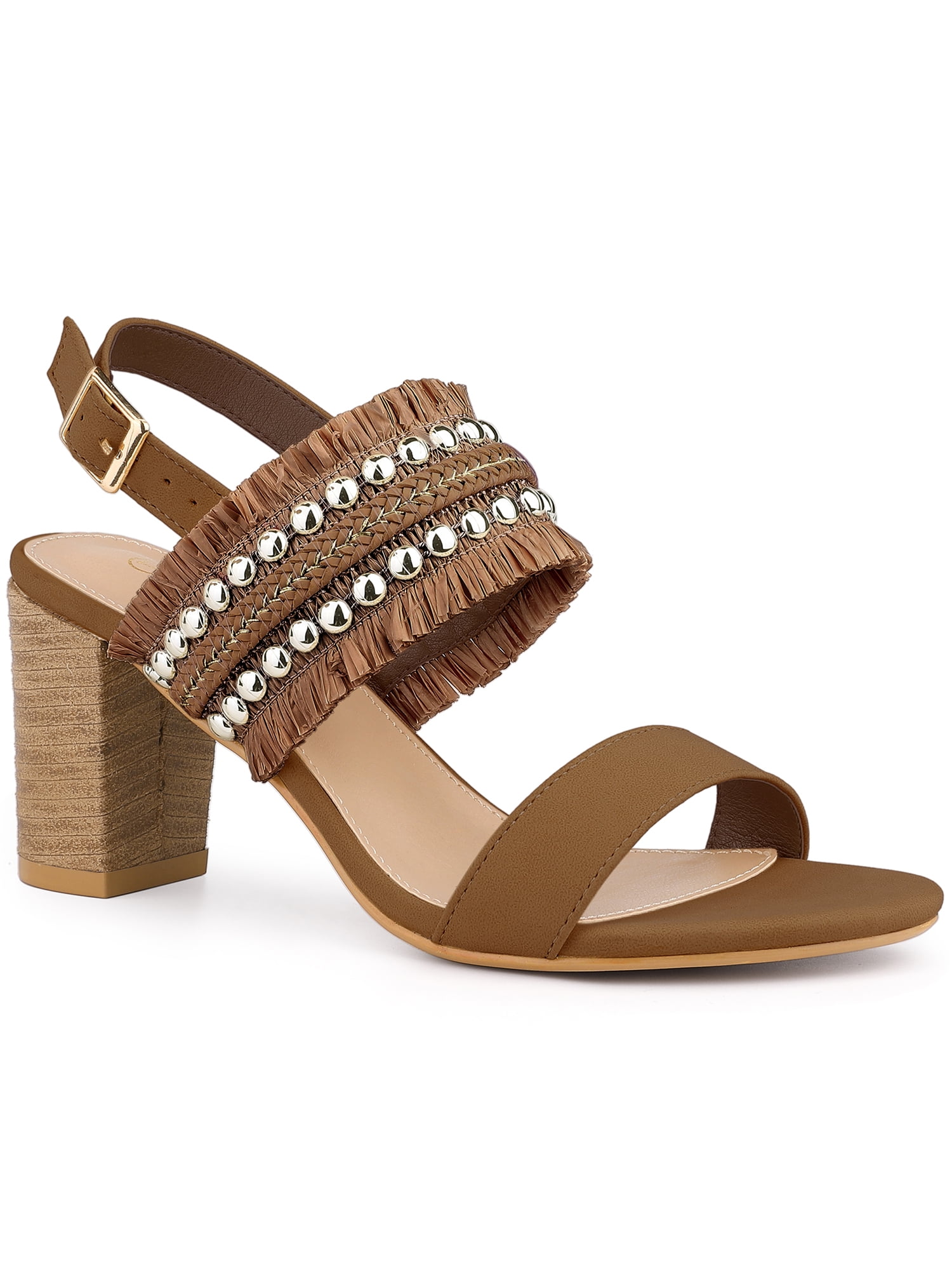 BLISSFUL STEP Women's Boho Buckle Ankle Strap Block Heels Sandals Brown ...