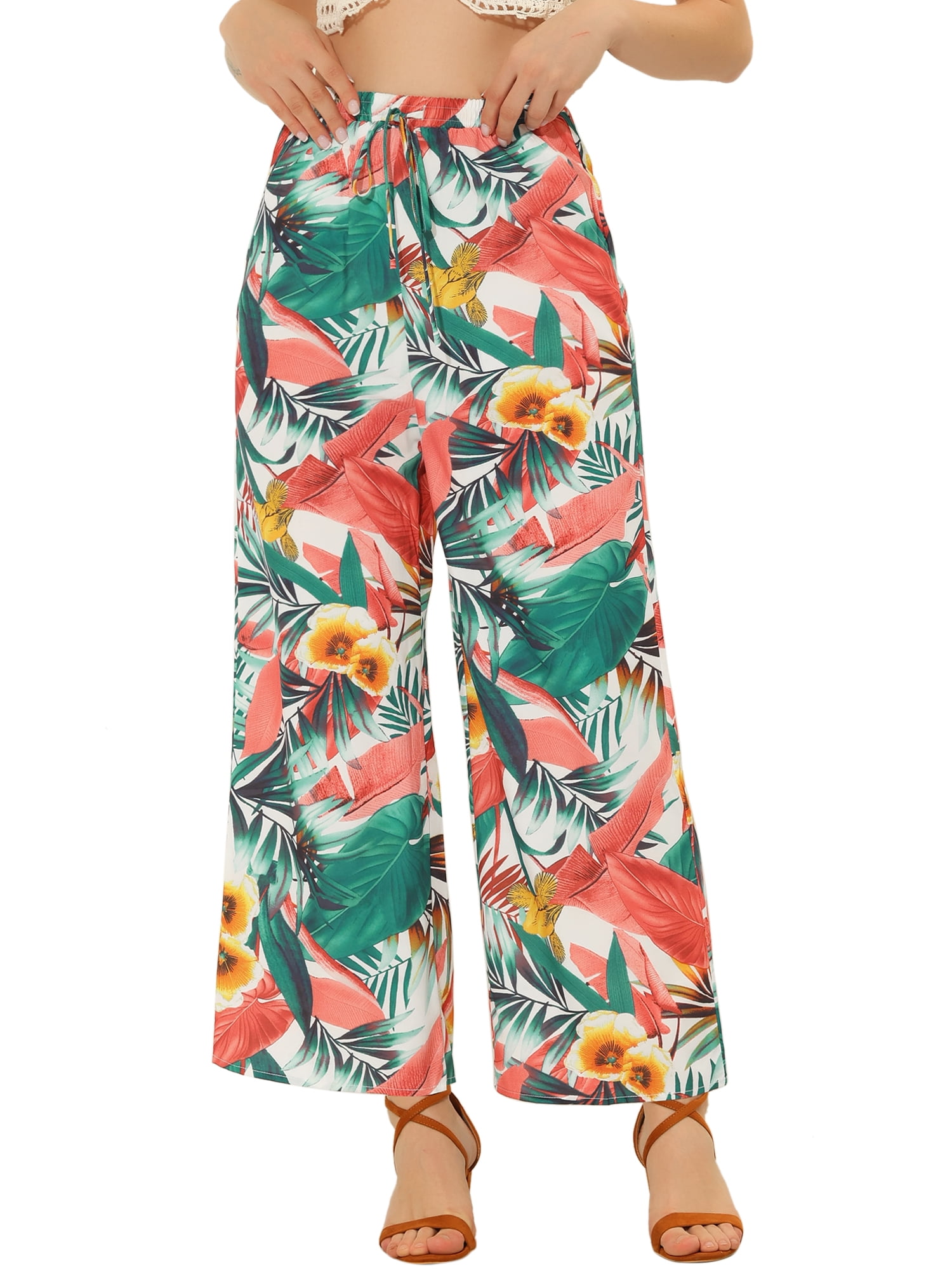 Allegra K Women's Boho Floral High Waist Drawstring Tropical Wide Leg ...