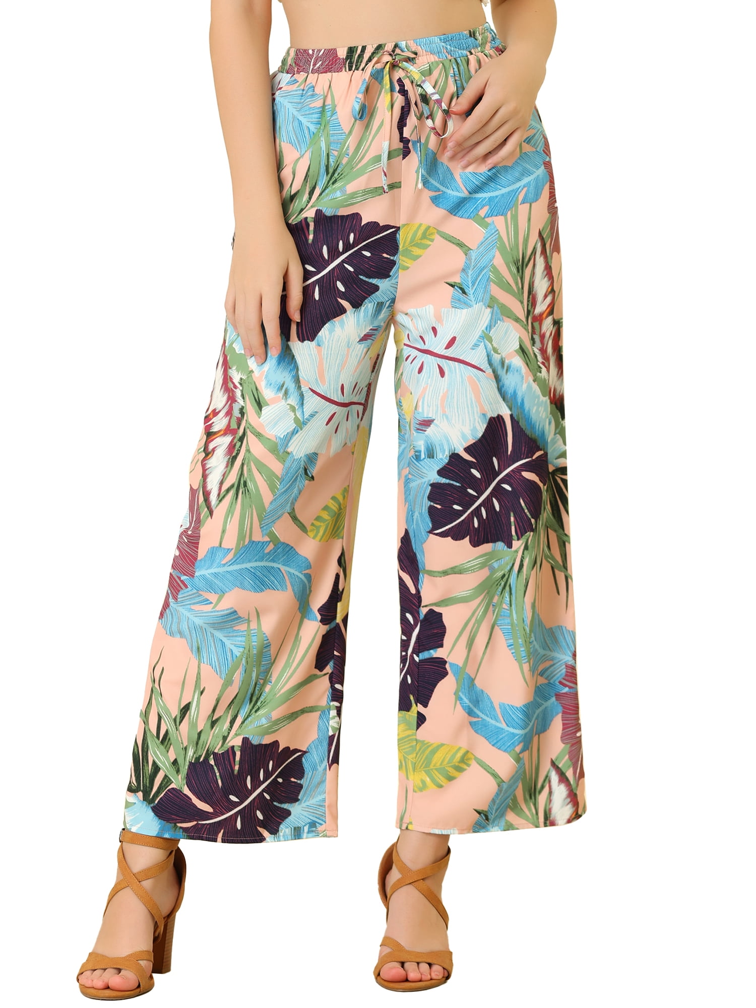 Allegra K Women's Boho Floral High Waist Drawstring Tropical Wide Leg ...