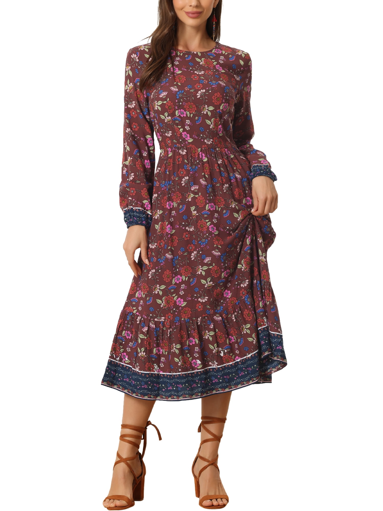 Allegra K Women's Boho Floral Long Sleeves Midi Summer Dress XS Brick ...