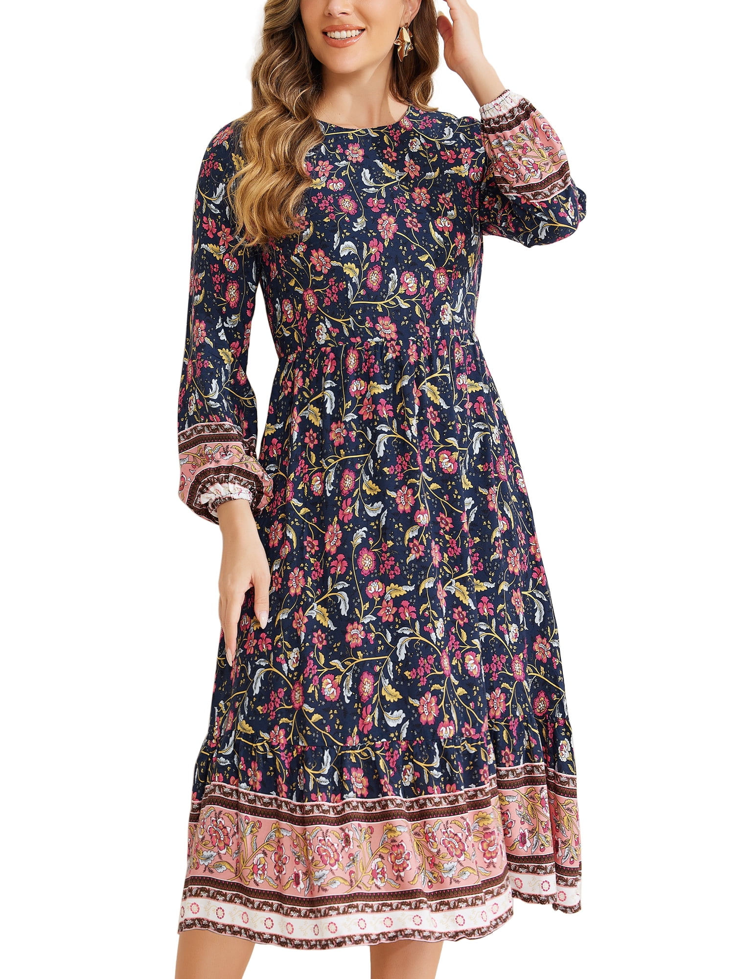 Allegra K Women's Boho Floral Long Sleeves Midi Summer Dress L Navy ...