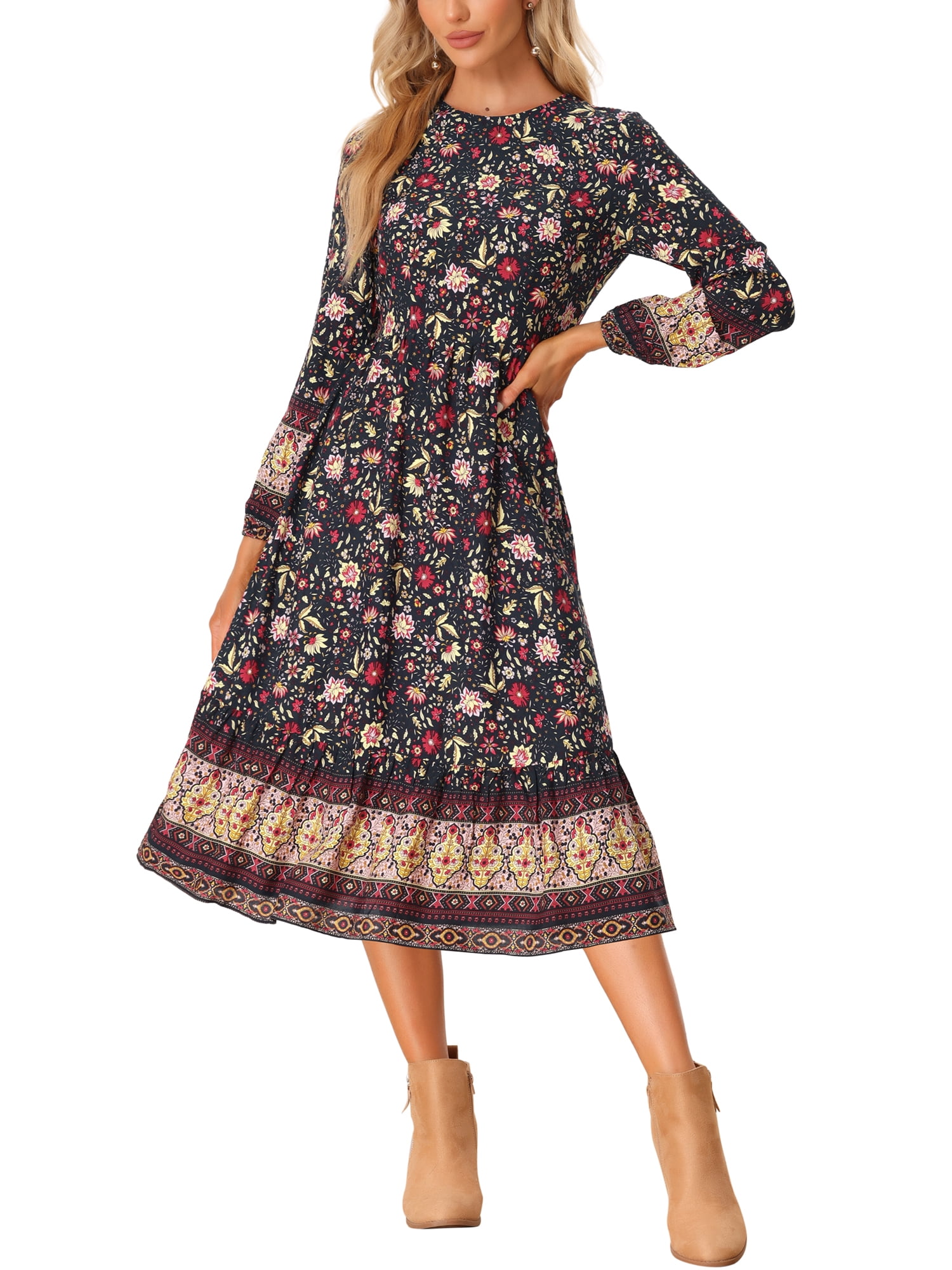 INSPIRE CHIC Women's Boho Dresses Floral Crew Neck Long Sleeves Midi ...