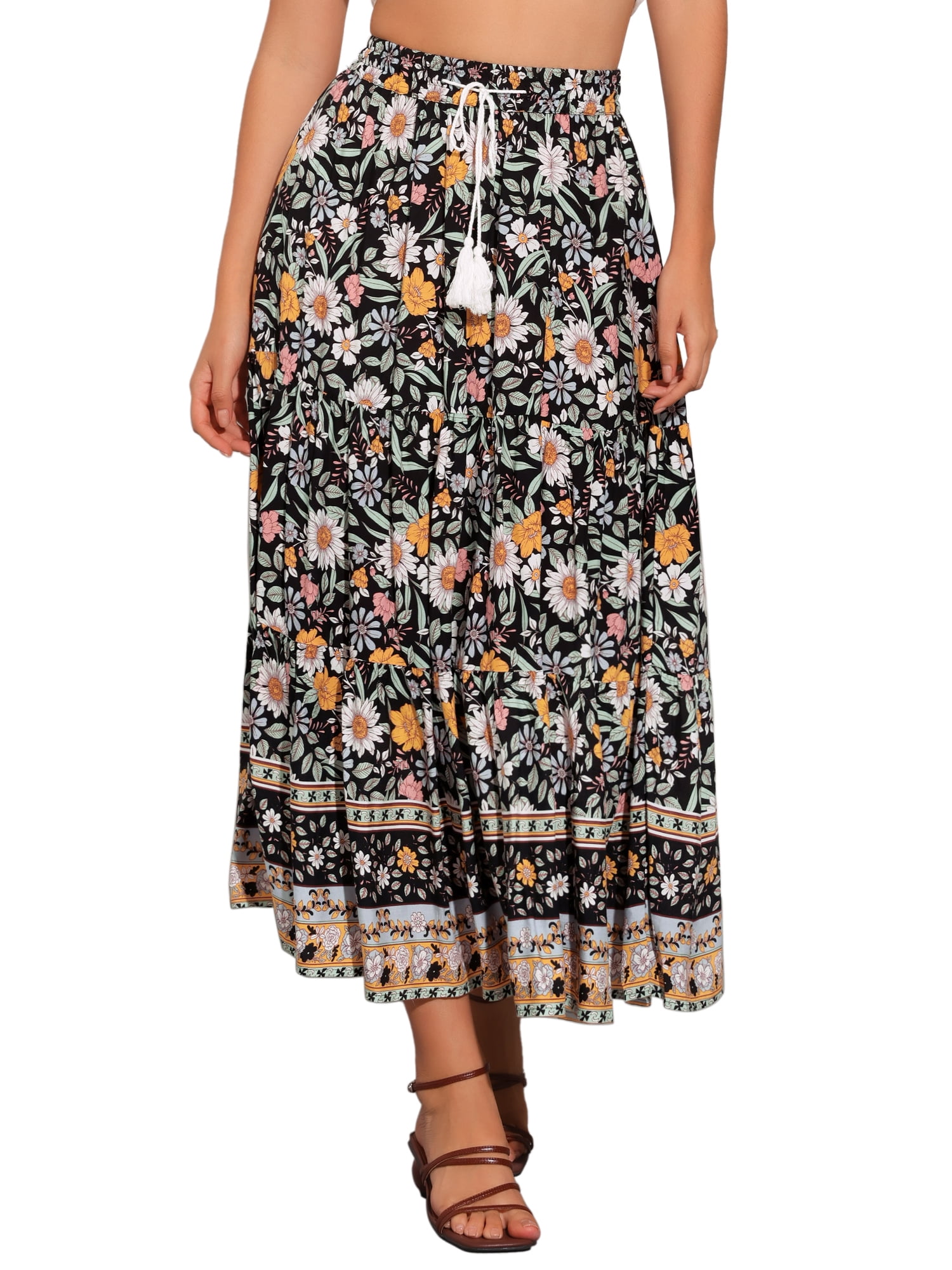 INSPIRE CHIC Women's Boho Floral Skirt Tassels Elastic Waist Flowy Maxi ...