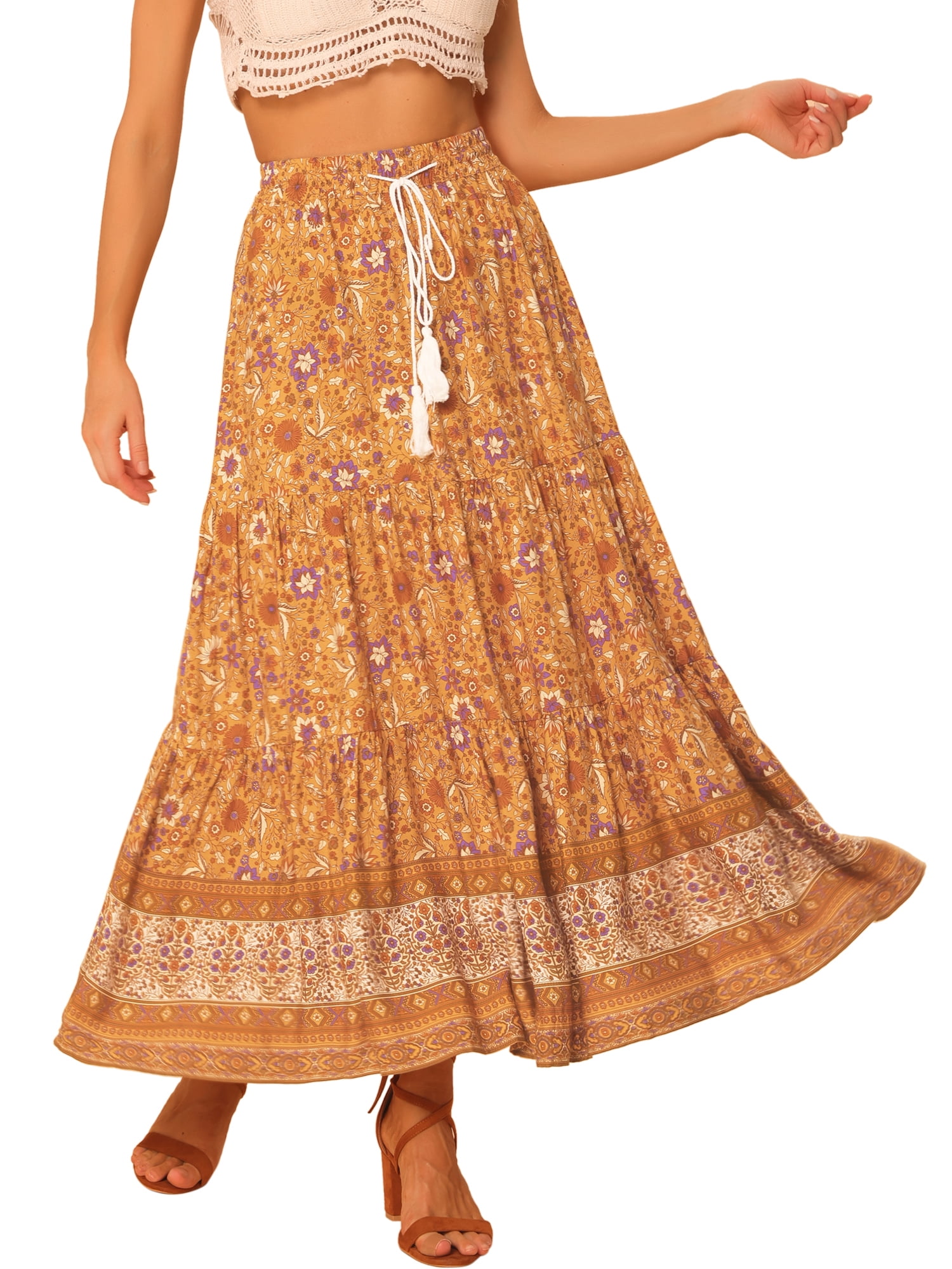 INSPIRE CHIC Women's Boho Floral Skirt Tassels Elastic Waist Flowy Maxi ...