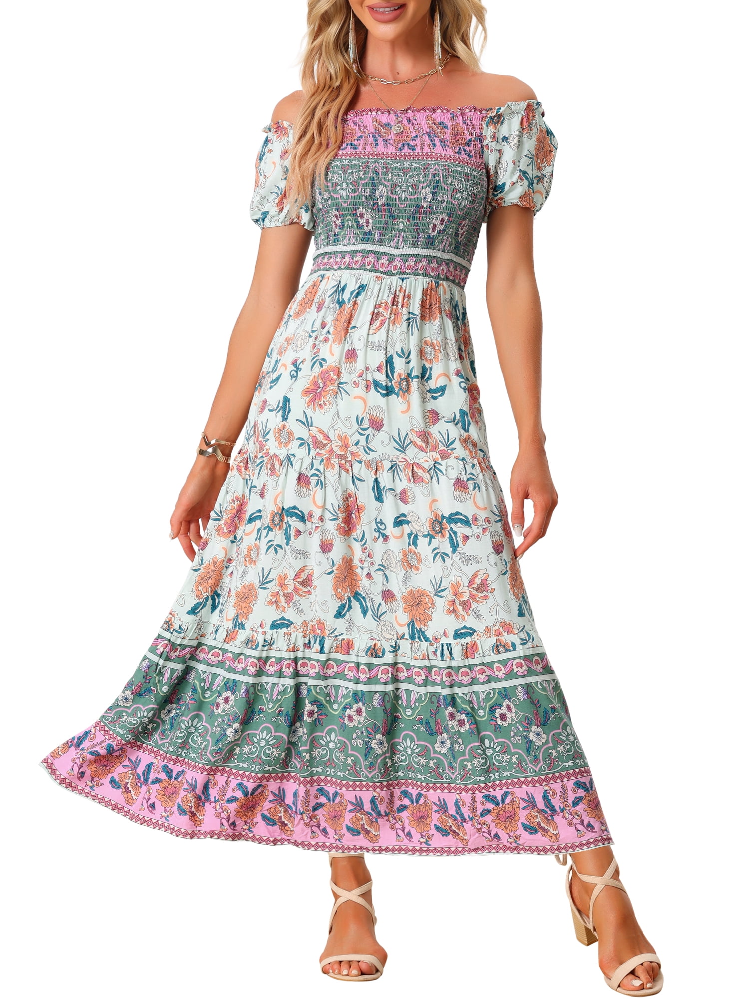 INSPIRE CHIC Women's Boho Dress Puff Short Sleeves Off-Shoulder Floral ...