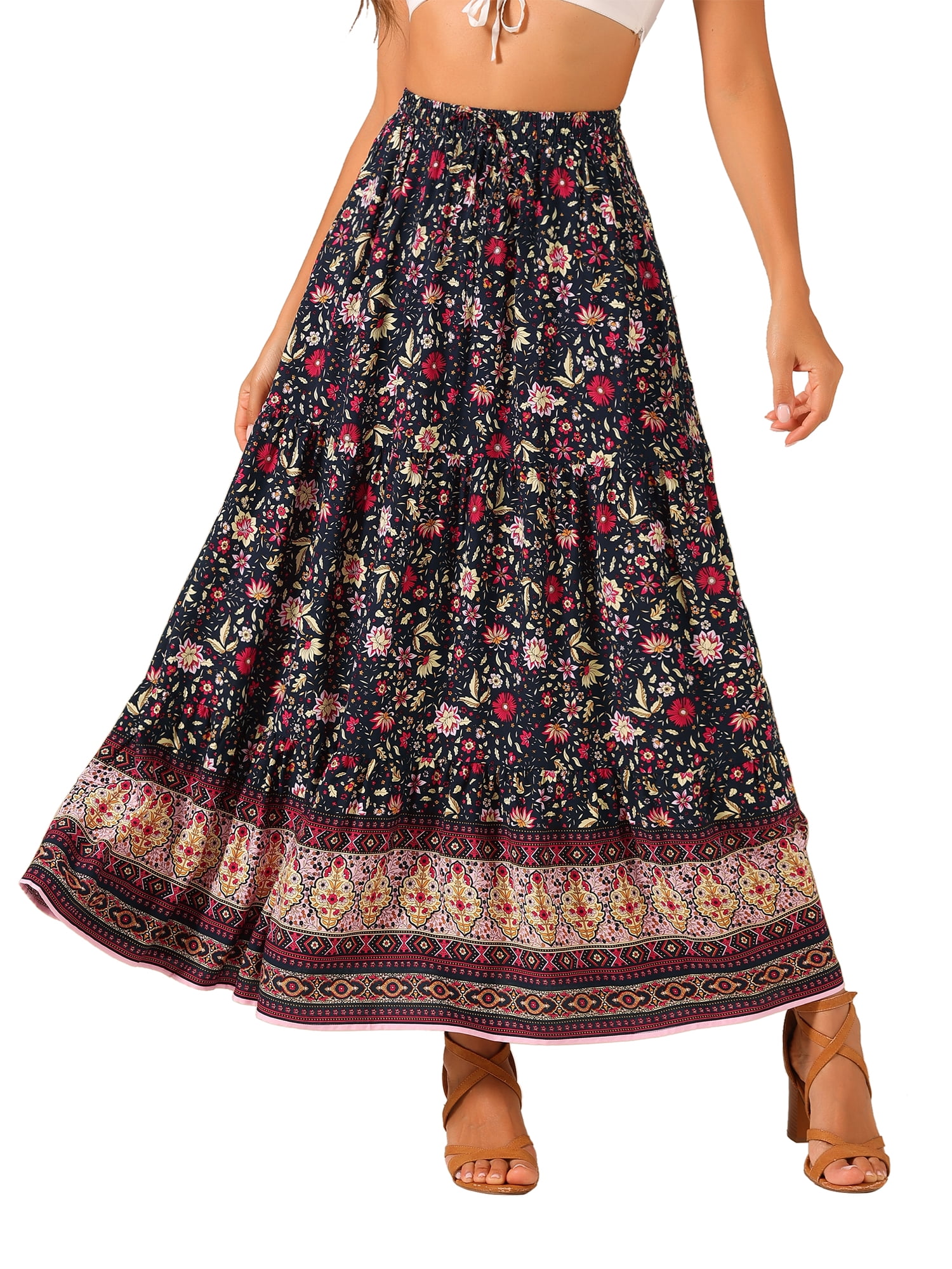 INSPIRE CHIC Women's Boho Skirts Floral Print Elastic Waist Casual Maxi ...