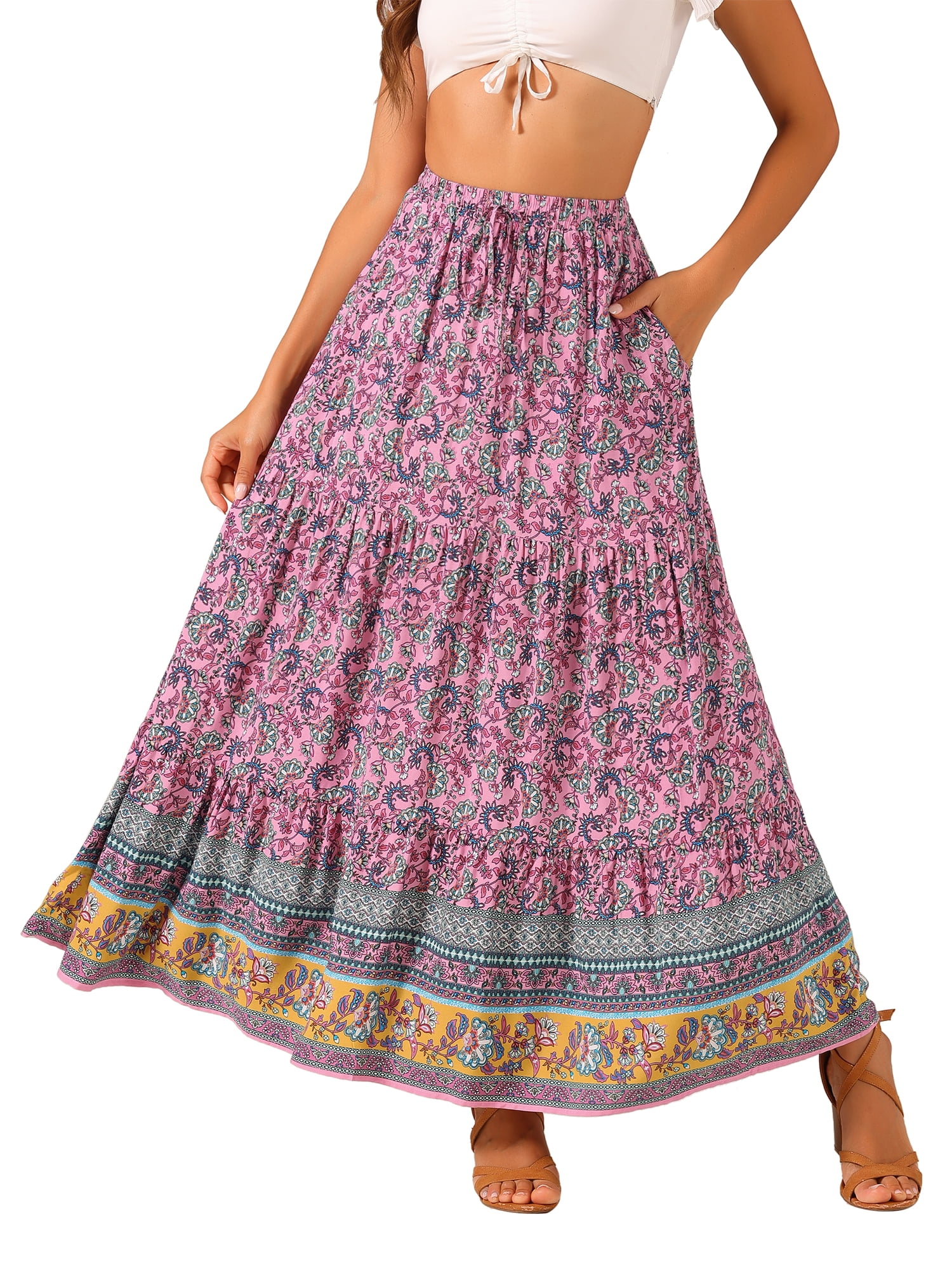 Allegra K Women's Boho Skirts Floral Print Elastic Waist Casual Maxi ...