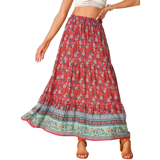 Allegra K Women's Boho Skirt Casual Floral Printed Elastic Waist Maxi ...