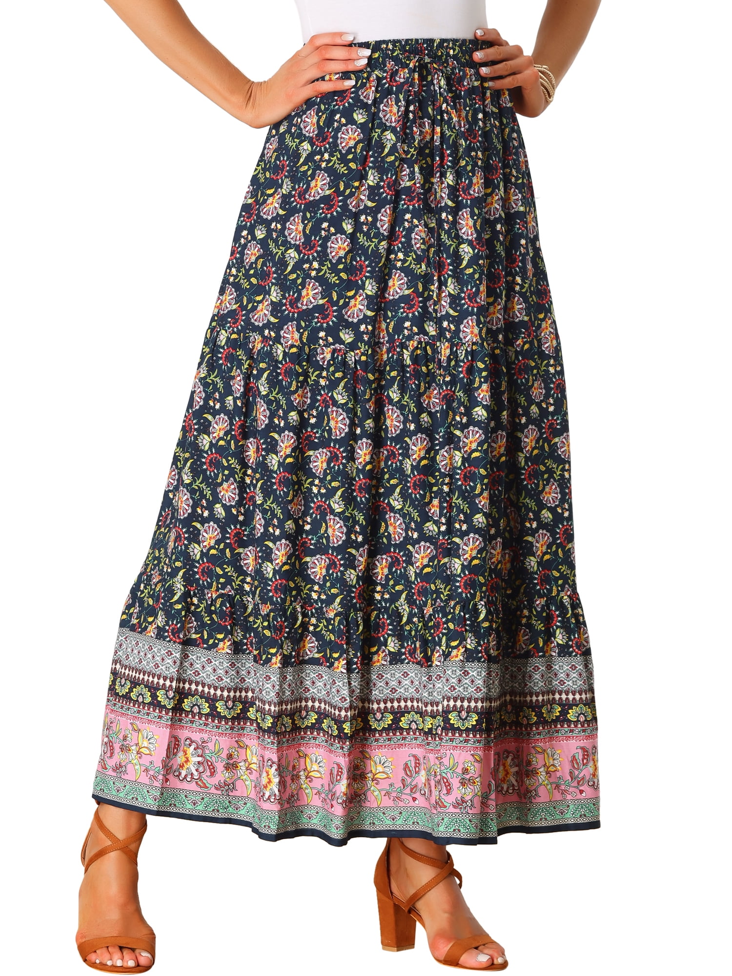 INSPIRE CHIC Women's Boho Skirts Floral Print Spring Summer Elastic ...