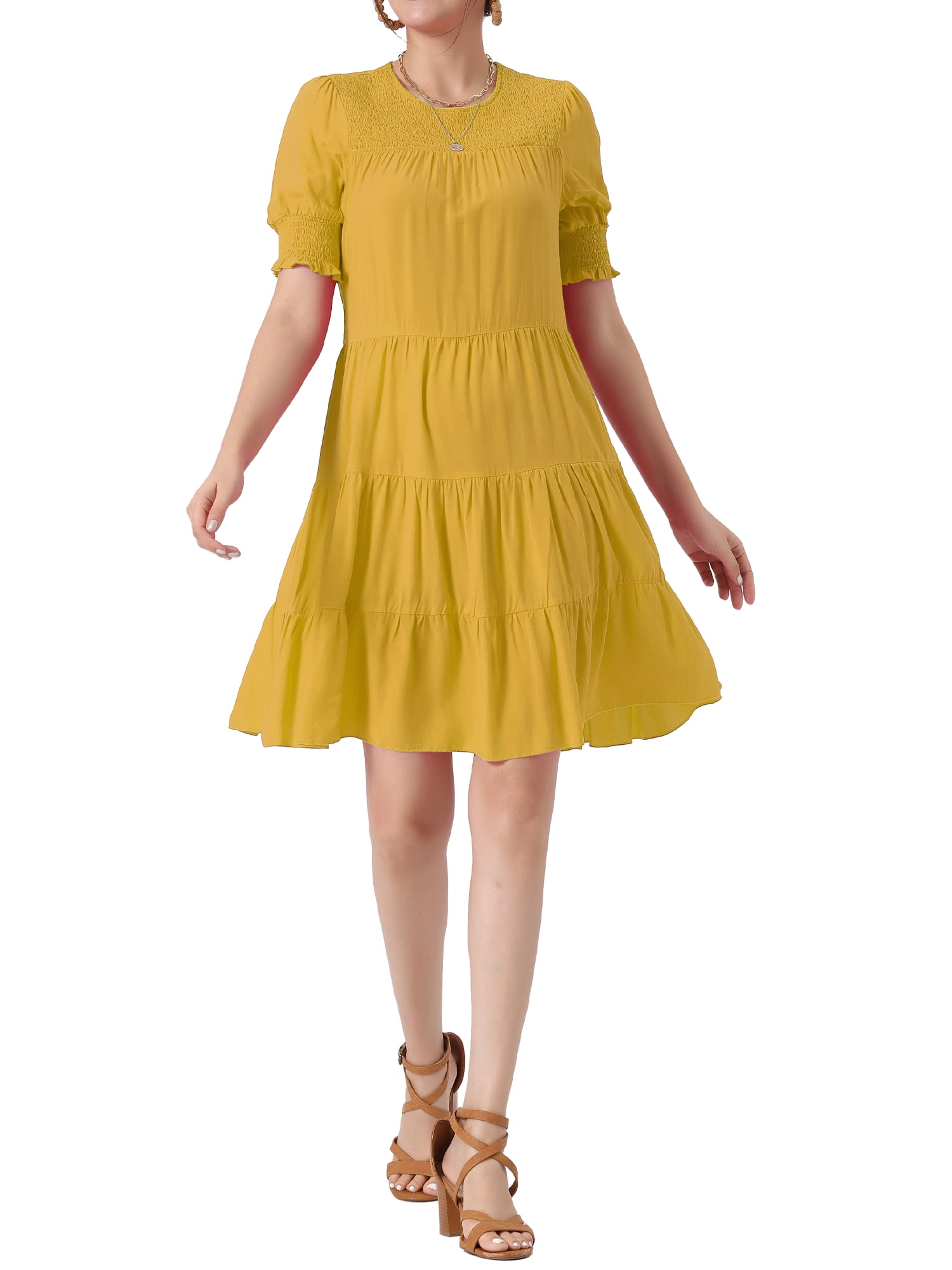 Allegra K Women's Boho Smocked Round Neck Short Puff Sleeve Tie Dresses ...