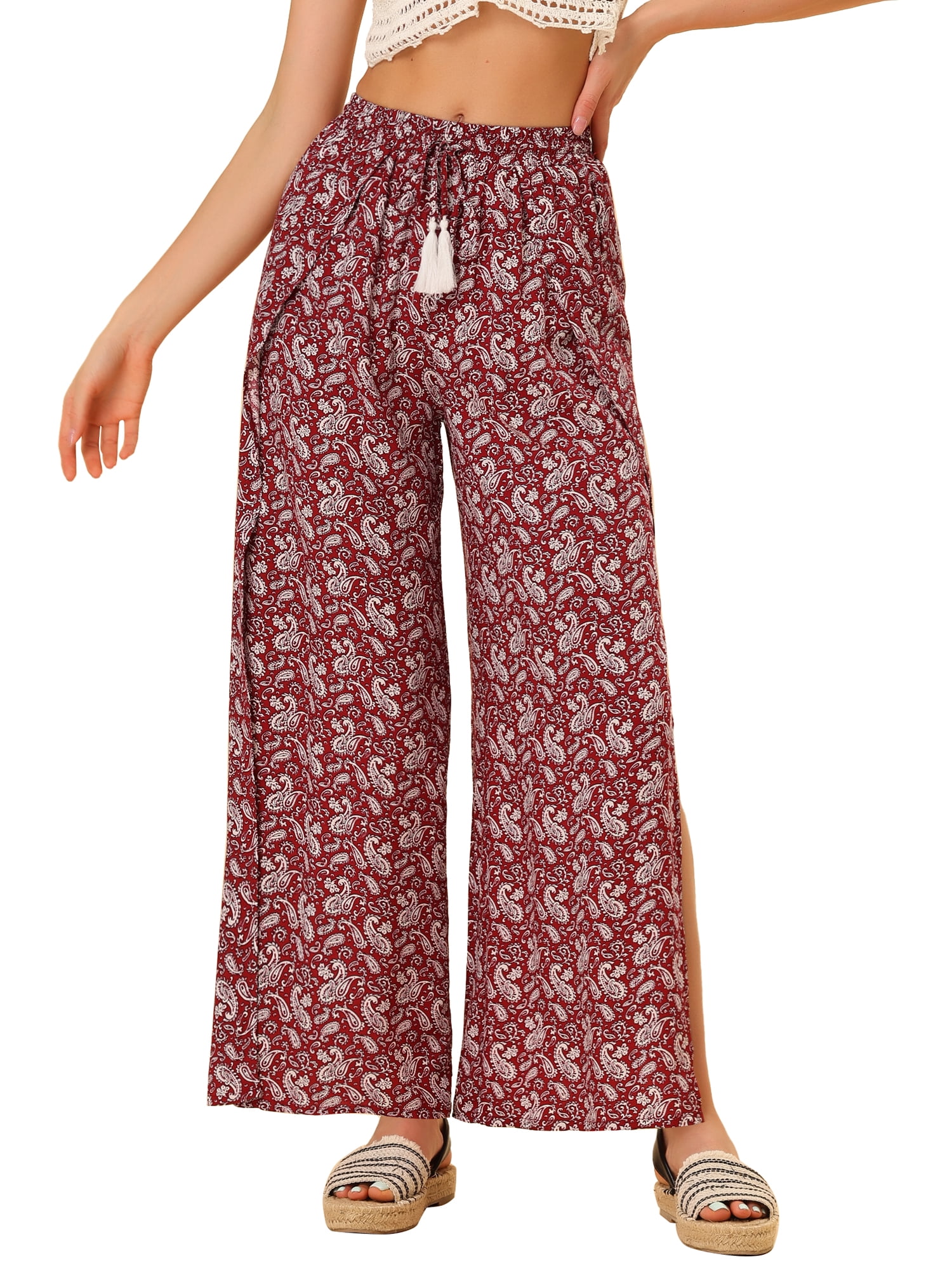 Allegra K Women's Boho Tassel Drawstring High Split Paisley Wide Leg ...