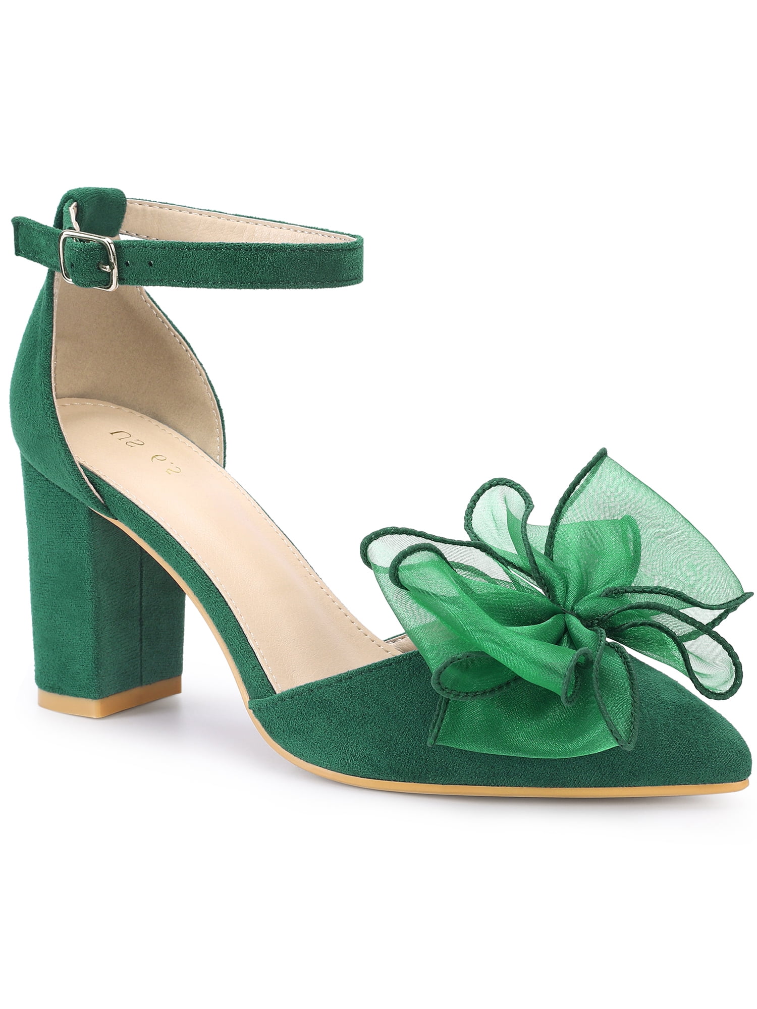 BLISSFUL STEP Women's Bow Knot Pointed Toe Block Heel Pumps Green 9.5 ...