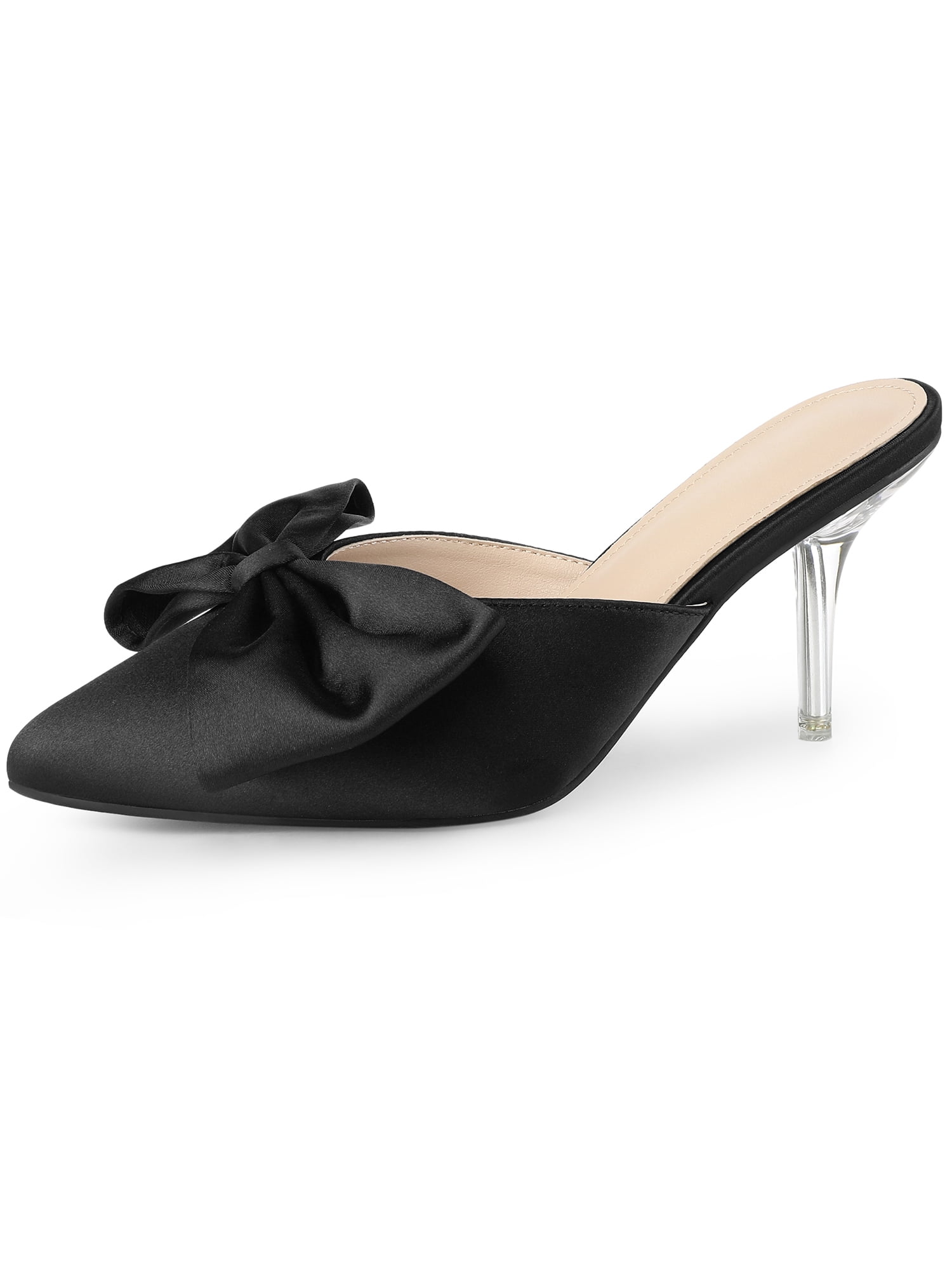 BLISSFUL STEP Women's Bow Pointed Toe Clear Stiletto Heel Slides Mules ...