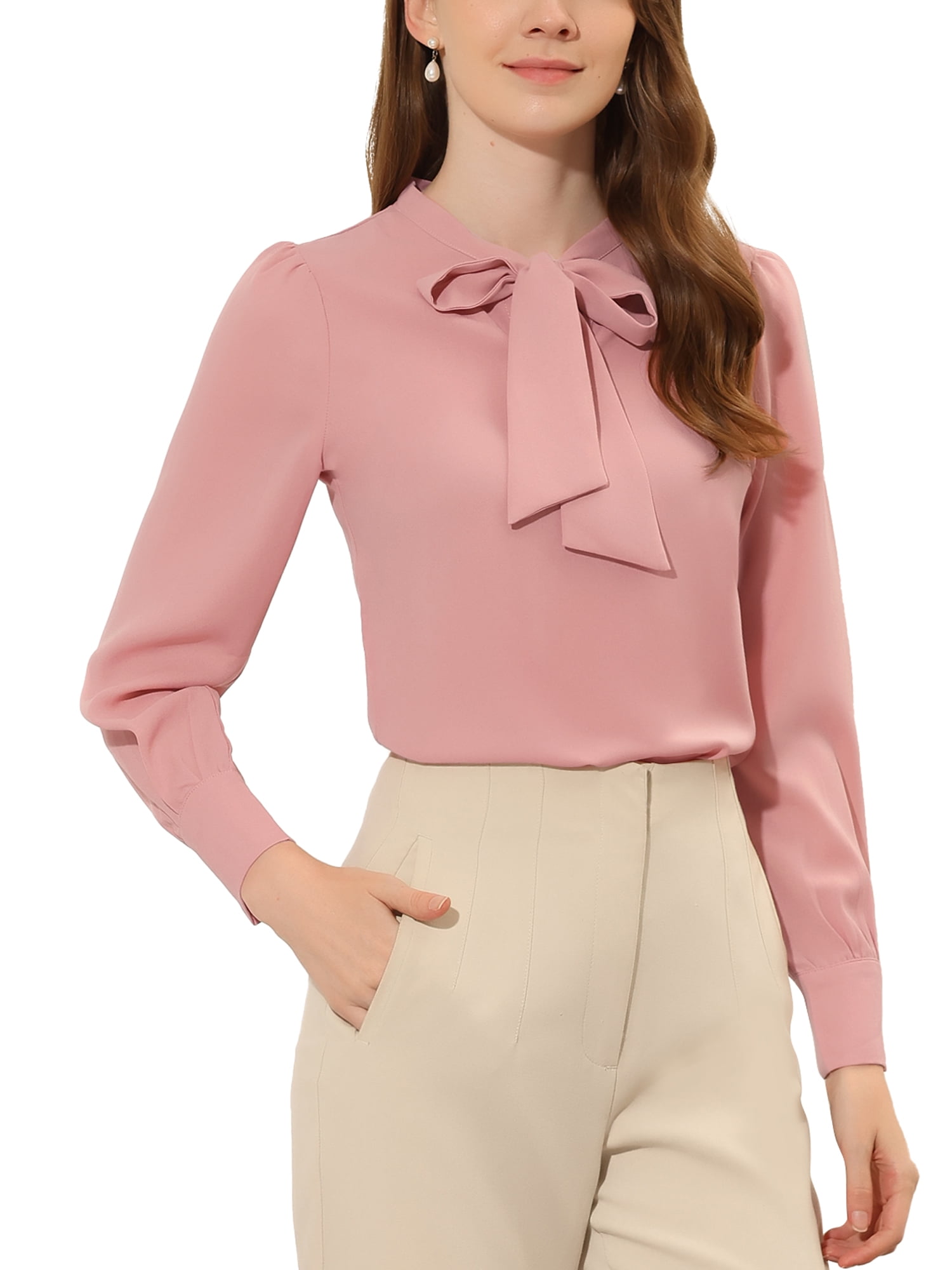 INSPIRE CHIC Women's Bow Tie Neck Long Sleeve Solid Elegant Work Office ...