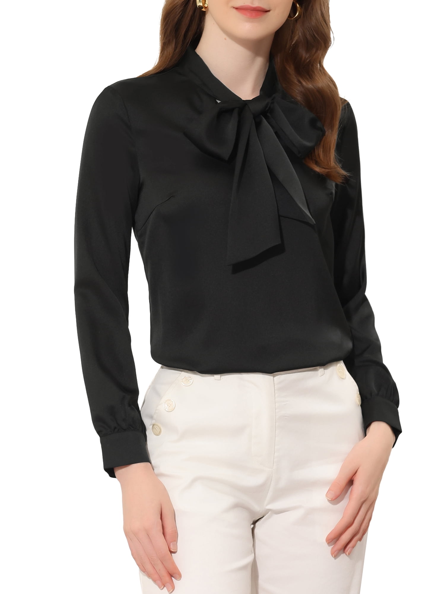 INSPIRE CHIC Women's Bow Tie Neck Solid Long Sleeve Satin Blouse Tops ...