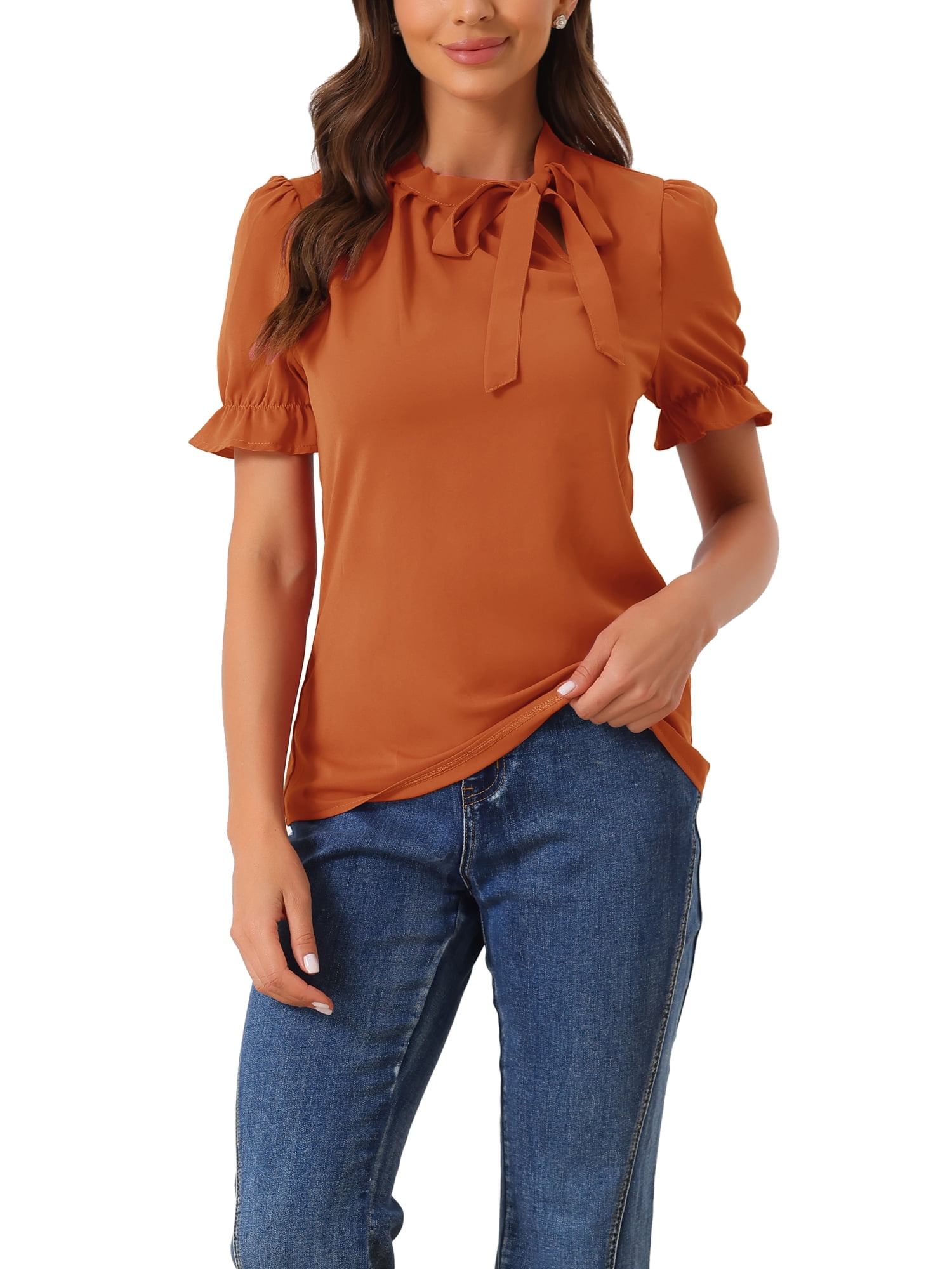 INSPIRE CHIC Women's Summer Tops Solid Color Bow Tie Neck Short Sleeves ...