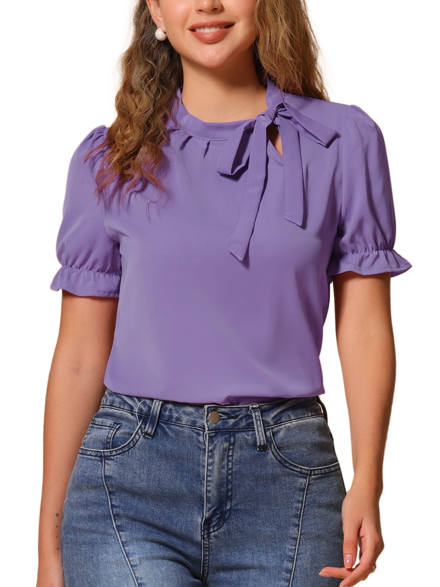 INSPIRE CHIC Women's Summer Tops Solid Color Bow Tie Neck Short Sleeves ...