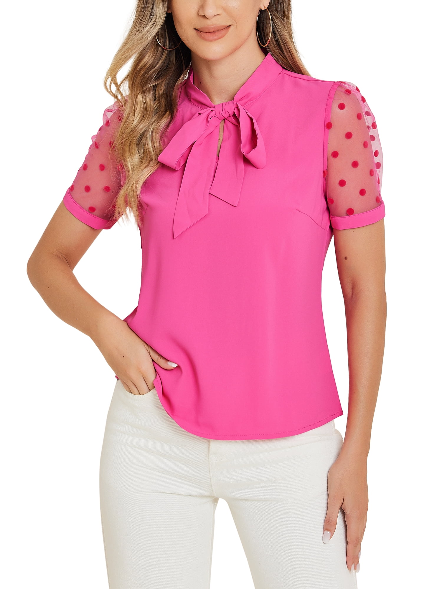 INSPIRE CHIC Women's Bow Tie Neck V Neck Stand Collar Short Mesh Sleeve ...