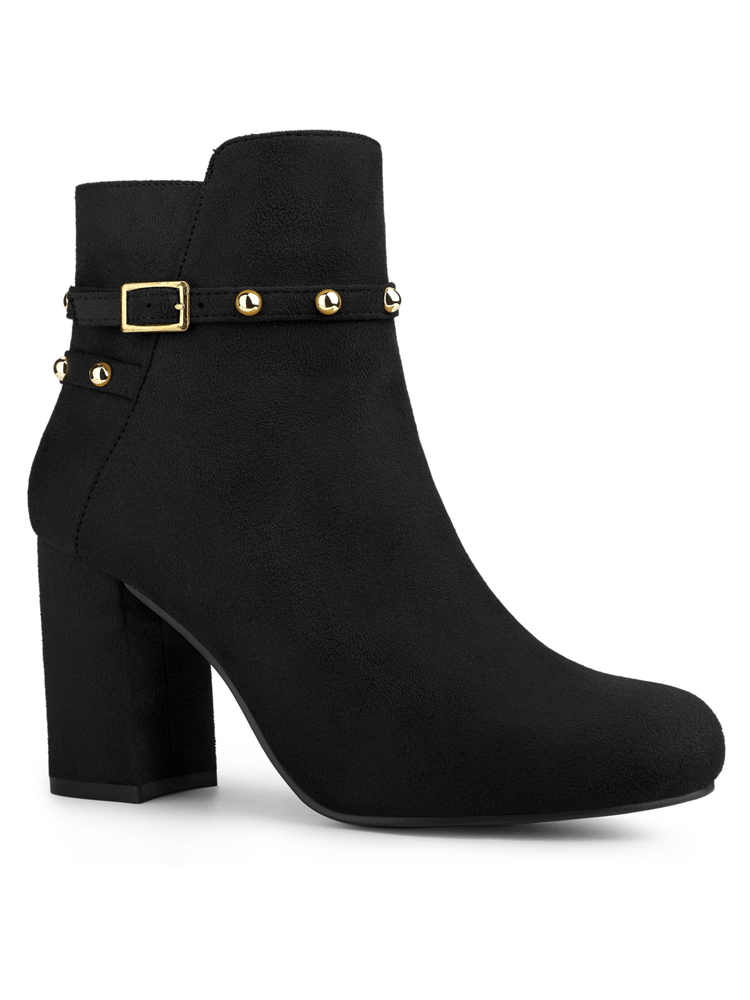 BLISSFUL STEP Women's Buckle Decor Block Heels Ankle Boots Black 6 ...