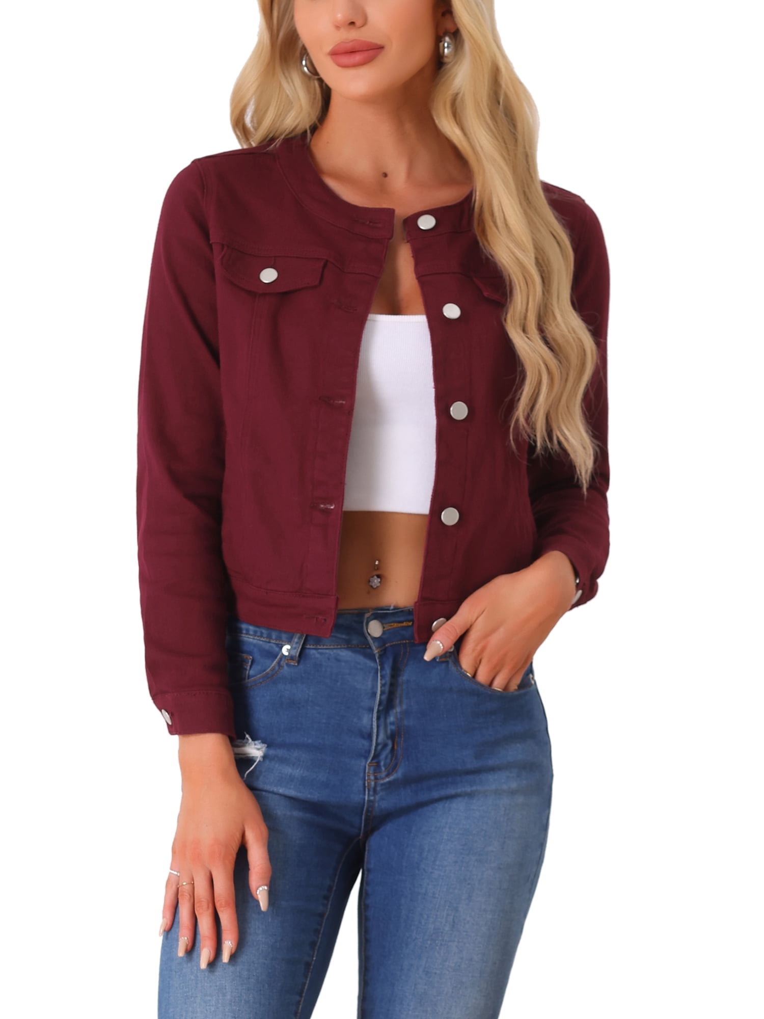 INSPIRE CHIC Women's Button Down Collarless Long Sleeve Cropped Denim ...