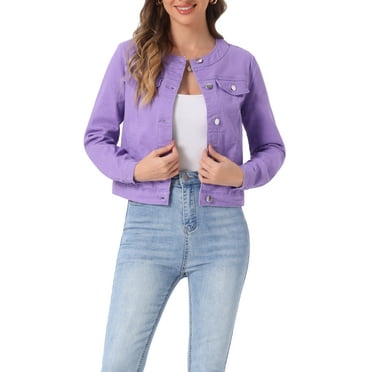 INSPIRE CHIC Women's Denim Jacket Button Down Peplum Hem Long Sleeves Cropped Washed Jean Jacket ...