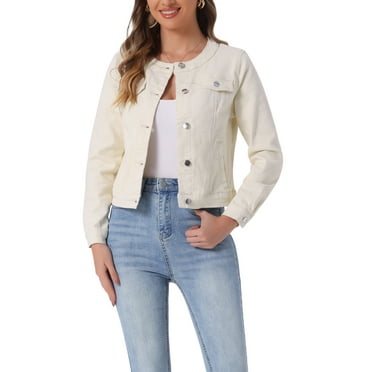 INSPIRE CHIC Women's Denim Jacket Button Down Peplum Hem Long Sleeves Cropped Washed Jean Jacket ...