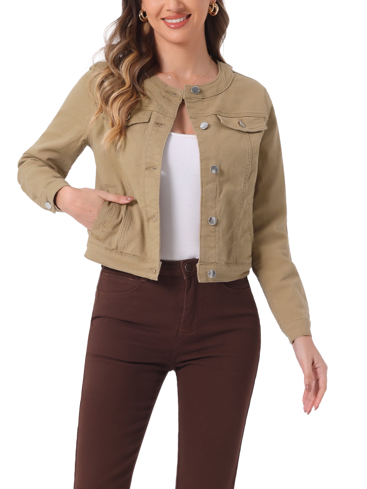 INSPIRE CHIC Women's Button Down Collarless Long Sleeve Cropped Denim ...
