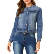 INSPIRE CHIC Women's Denim Jacket Button Down Peplum Hem Long Sleeve Cropped Washed Jean Jacket ...