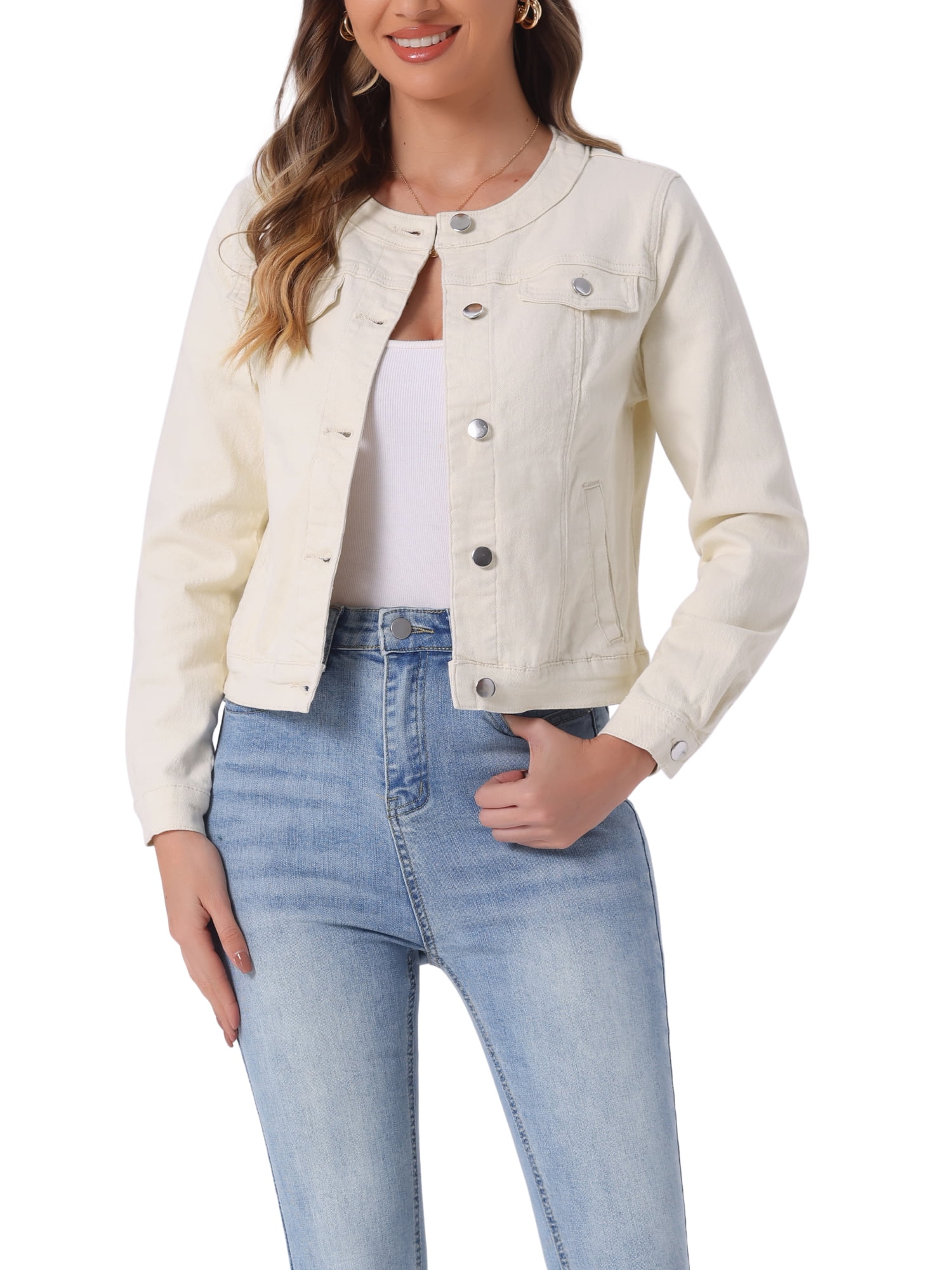 INSPIRE CHIC Women's Button Down Collarless Long Sleeve Cropped Denim ...