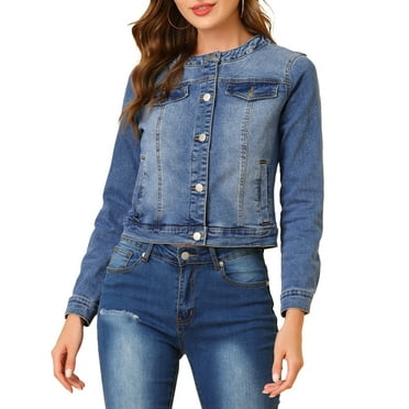 INSPIRE CHIC Women's Denim Jacket Button Down Peplum Hem Long Sleeves Cropped Washed Jean Jacket ...