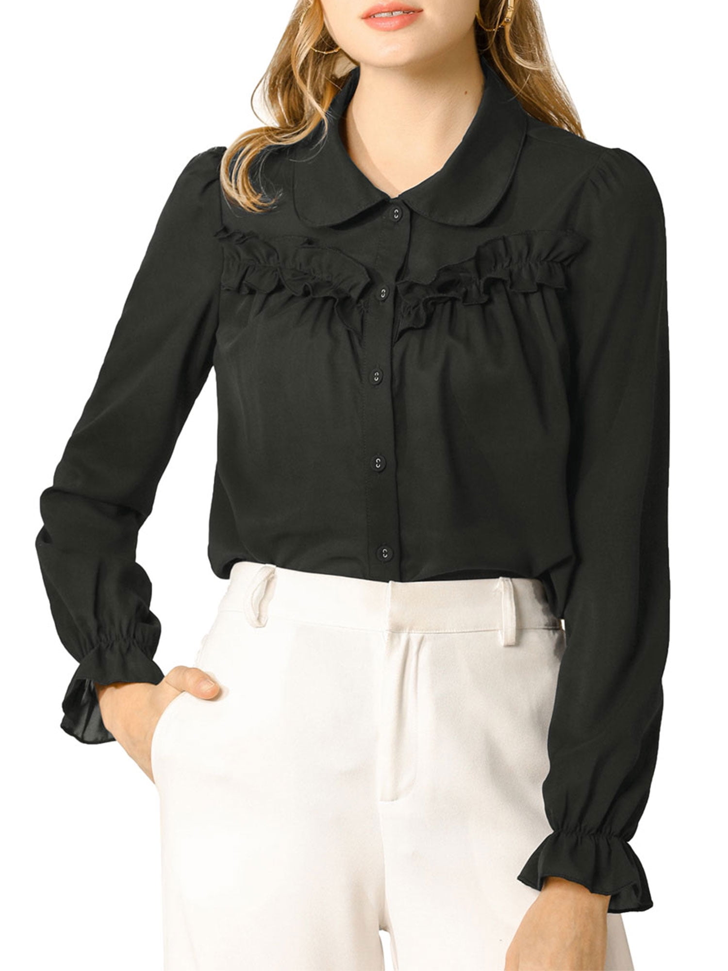 INSPIRE CHIC Women's Button Down Long Sleeve Cuff Ruffle Detail Blouse ...