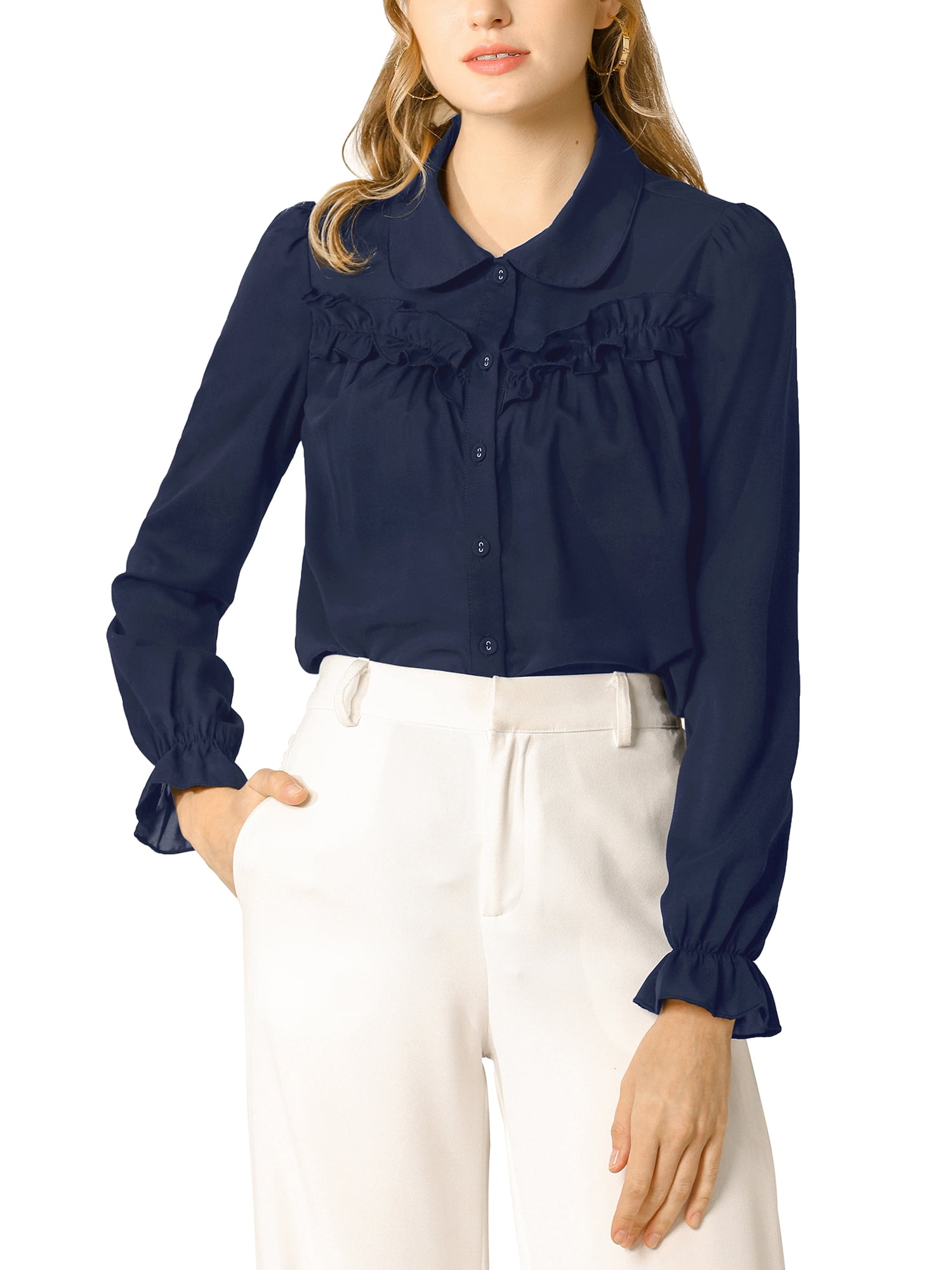 Allegra K Women's Button Down Long Sleeve Cuff Ruffle Detail Blouse ...