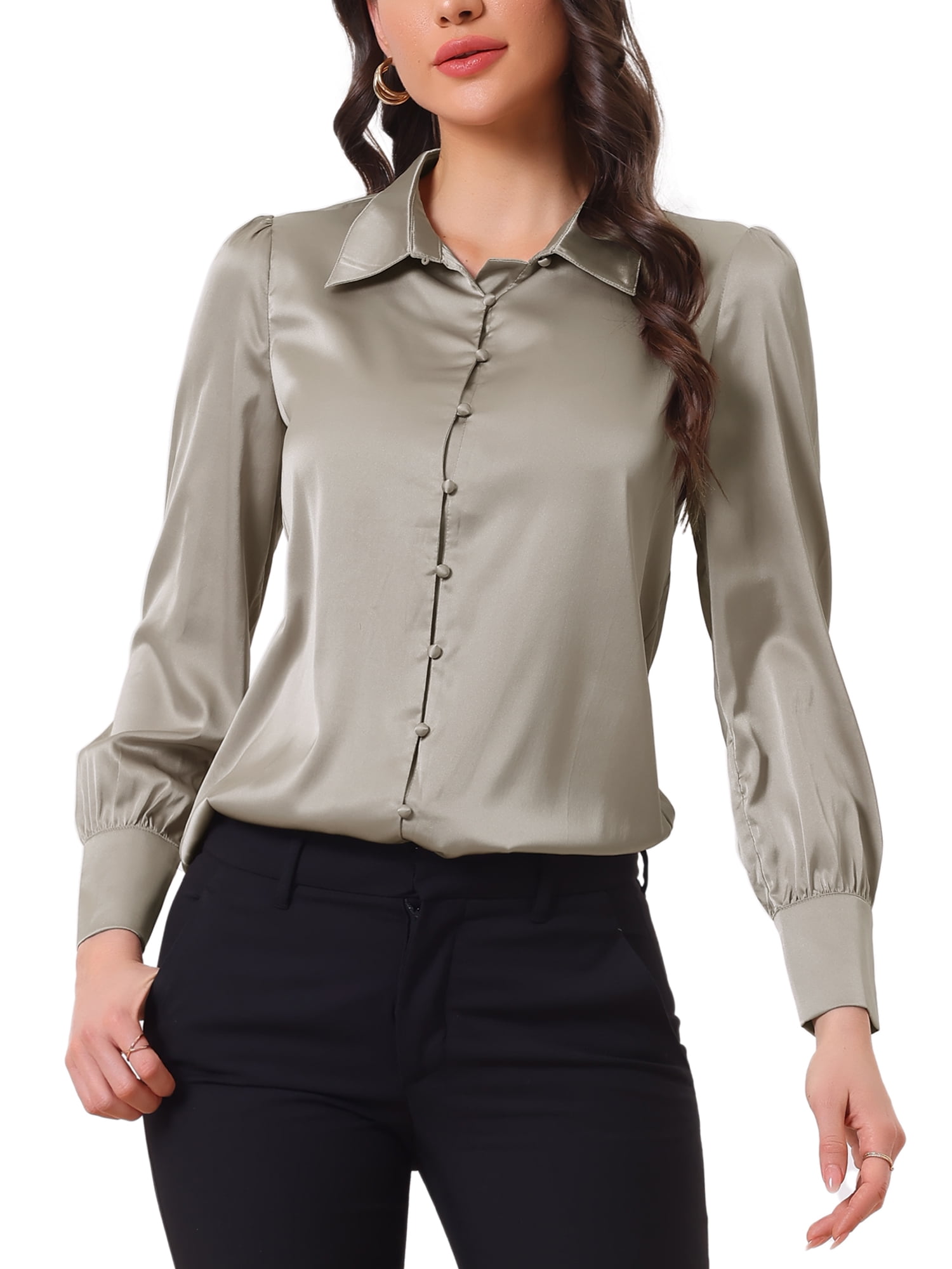 INSPIRE CHIC Women's Button Down Shirt Point Collar Puff Long Sleeve ...
