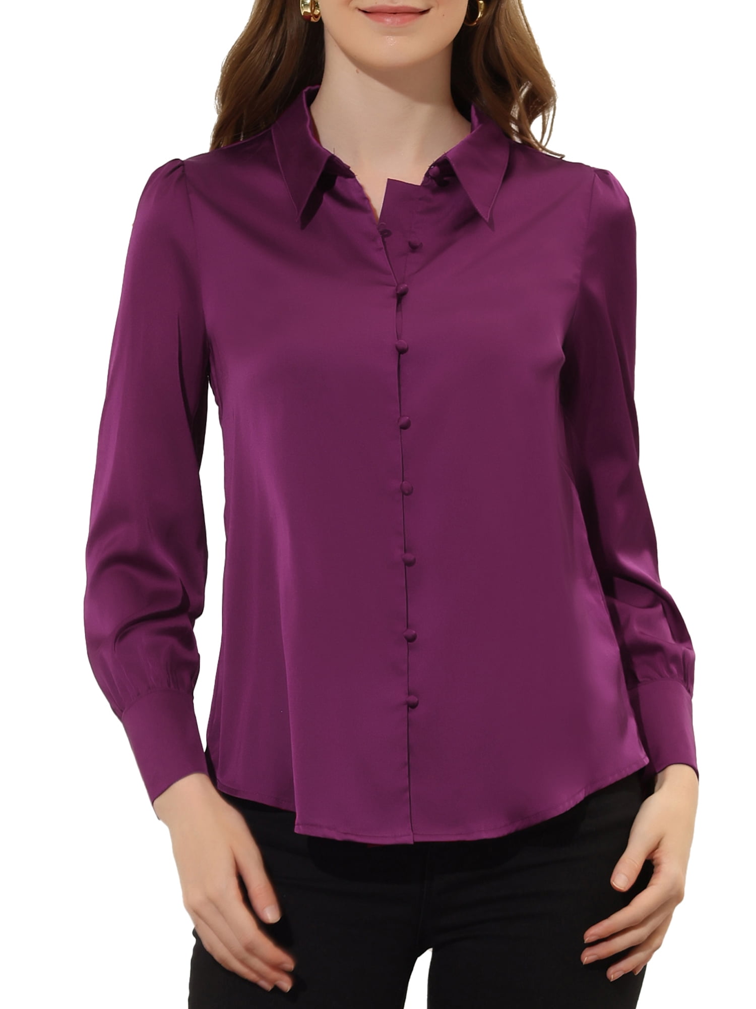 Allegra K Women's Button Down Shirt Point Collar Puff Long Sleeve ...
