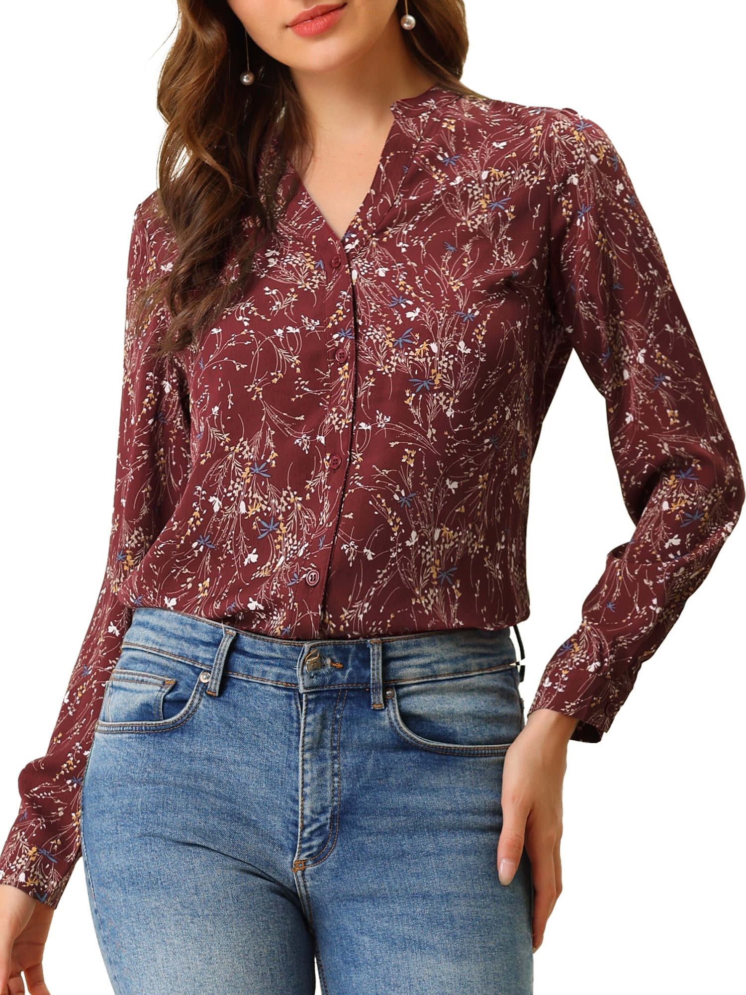 INSPIRE CHIC Women's Button Down V Neck Long Sleeve Floral Blouse L ...