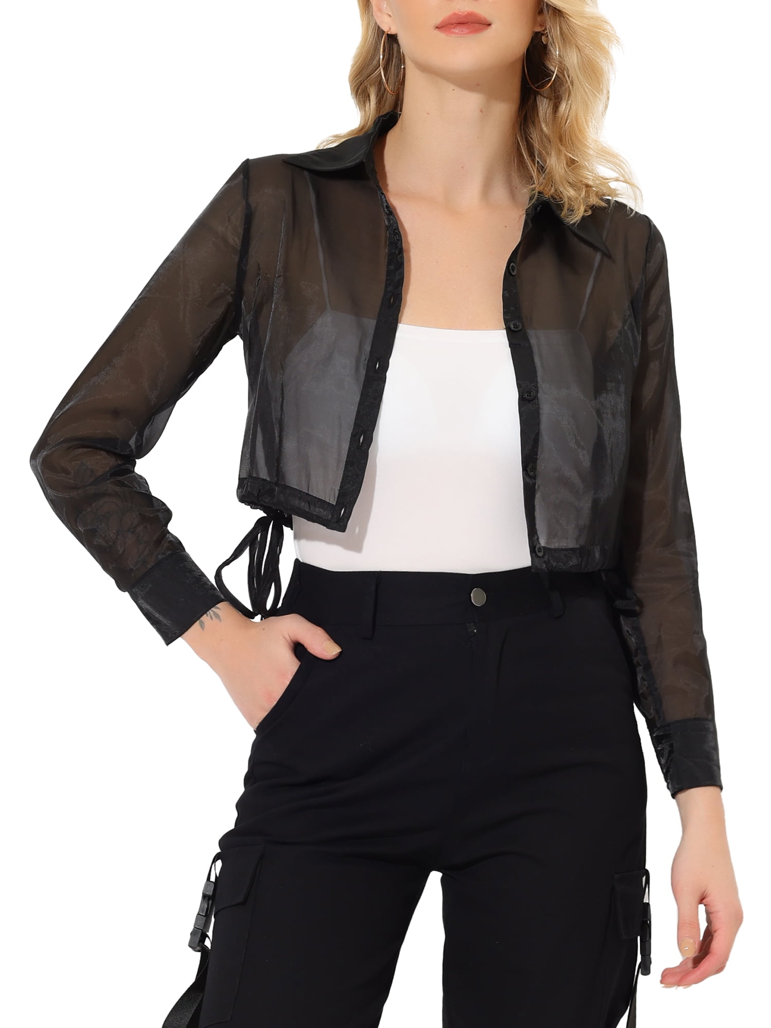 INSPIRE CHIC Women's Button-Front Point Collar Mesh Sheer Long Sleeve ...