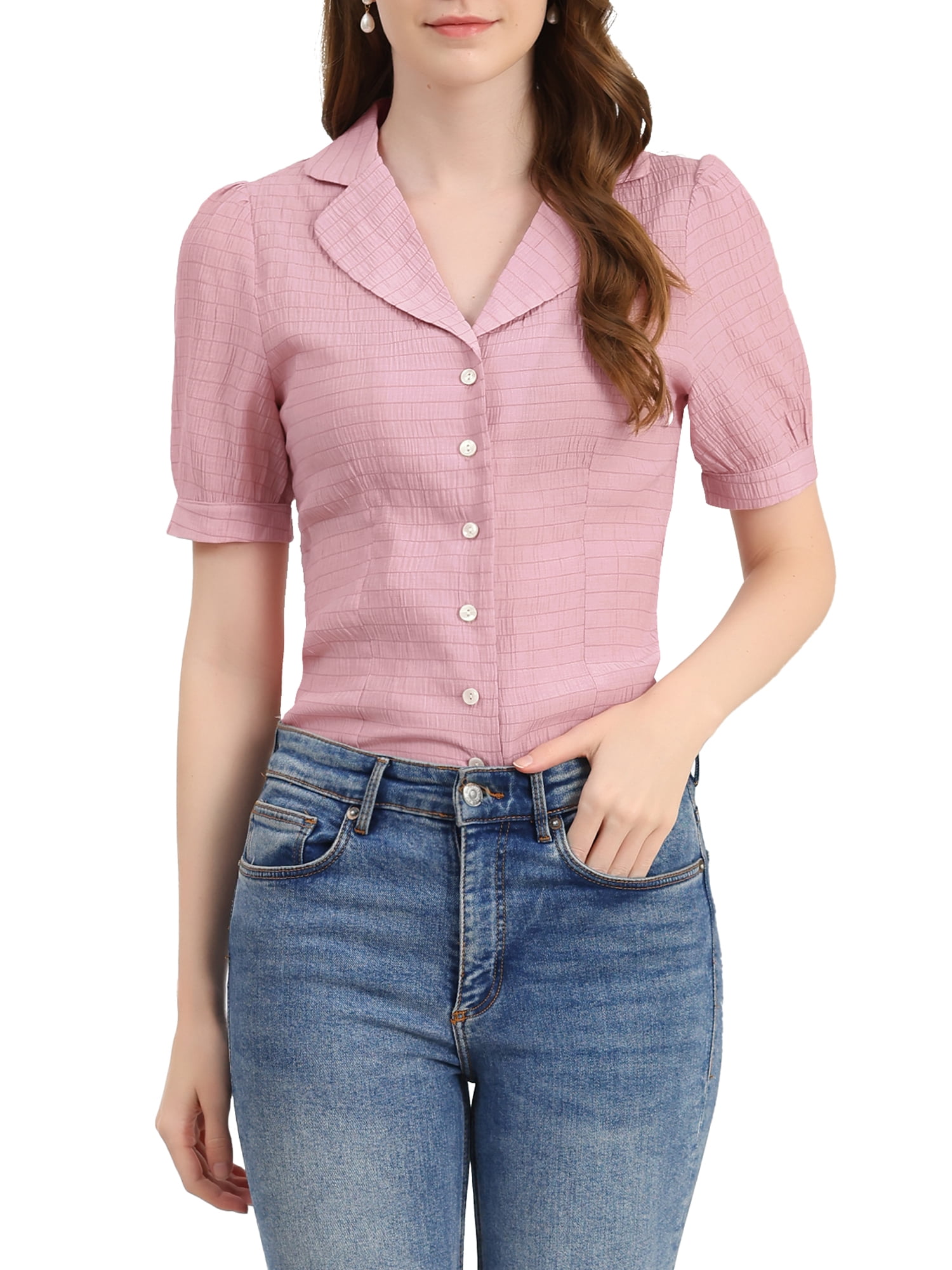 Allegra K Women's Camp Collar Button Front Textured Short Bubble Sleeve ...